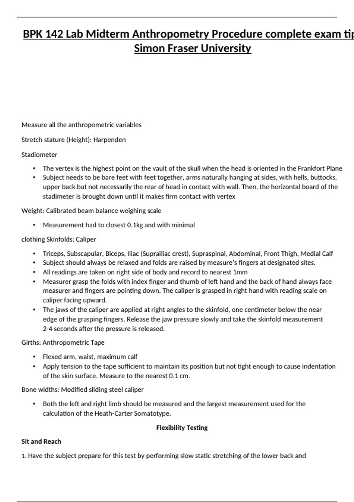 BPK 142 Lab Midterm Anthropometry Procedure complete exam tips Simon Fraser University - BPK 142 ...