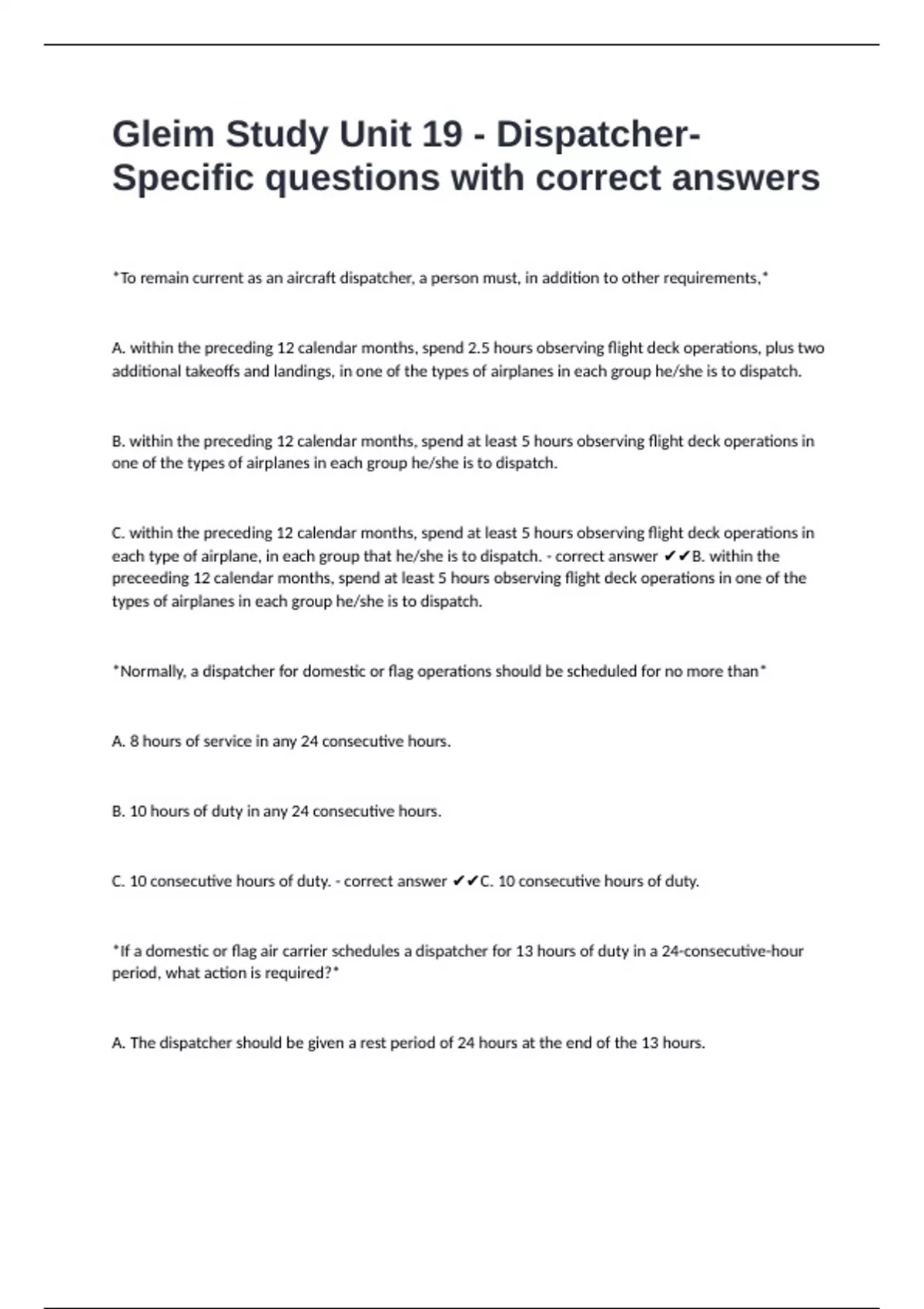 Gleim Study Unit 19 - Dispatcher-Specific questions with correct ...