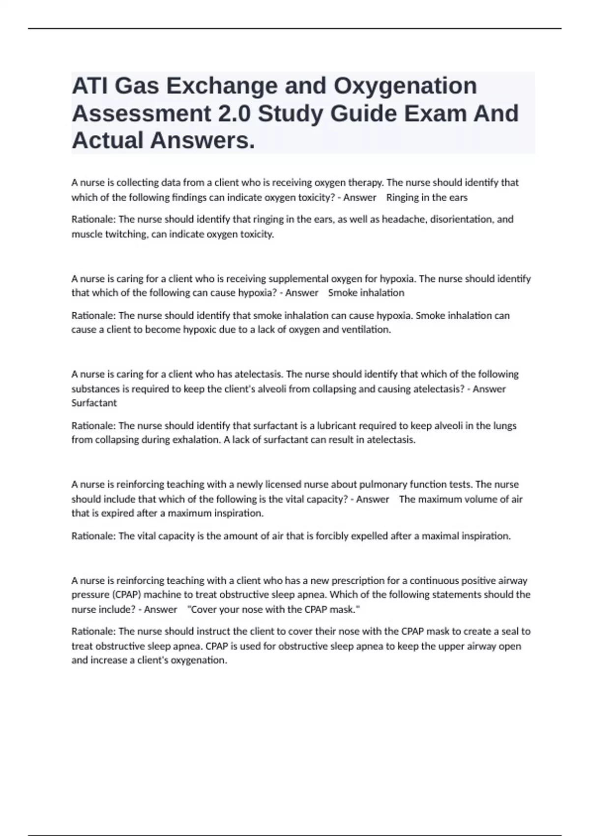 ATI Gas Exchange and Oxygenation Assessment 2.0 Study Guide Exam And ...