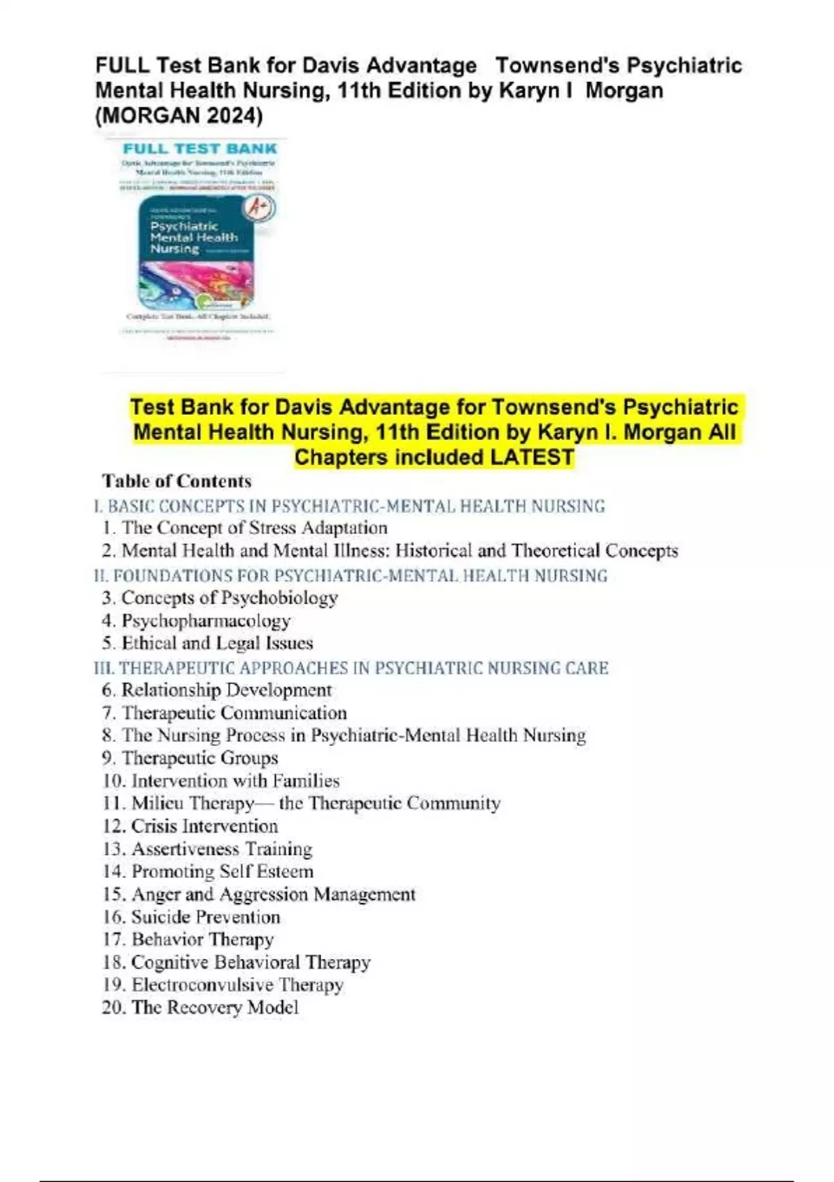 Test Bank for Davis Advantage for Townsend's Psychiatric Mental Health ...