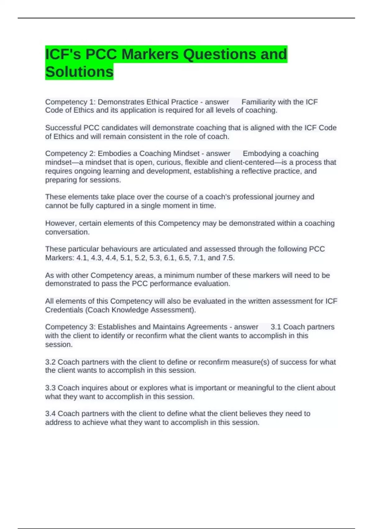 ICF's PCC Markers Questions and Solutions - Pcc - Stuvia US