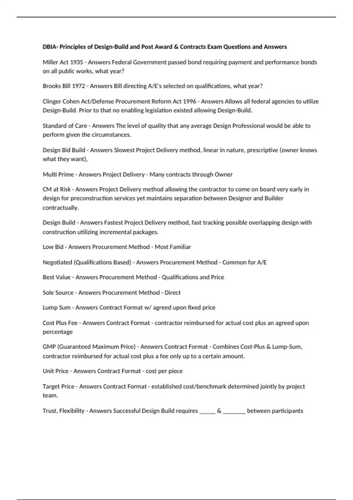 DBIA- Principles of Design-Build and Post Award & Contracts Exam ...