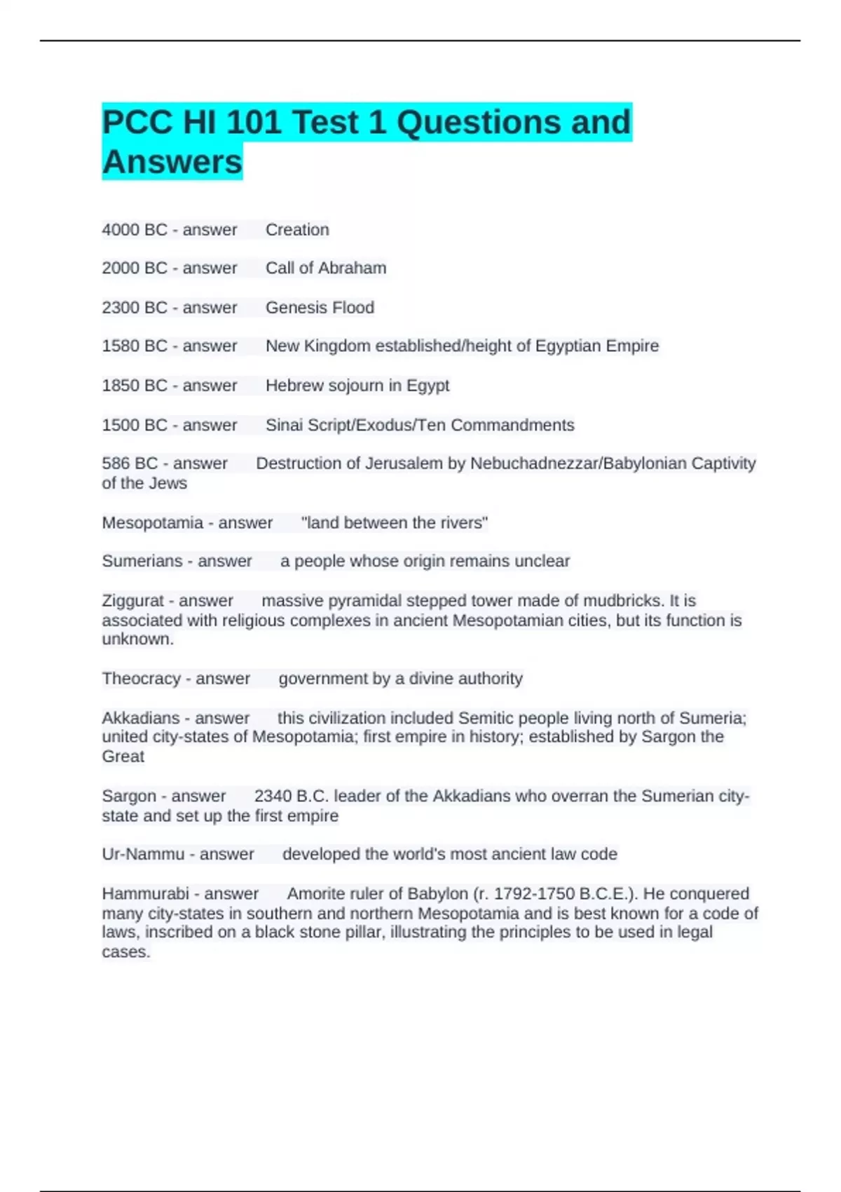 PCC HI 101 Test 1 Questions and Answers - Pcc - Stuvia US