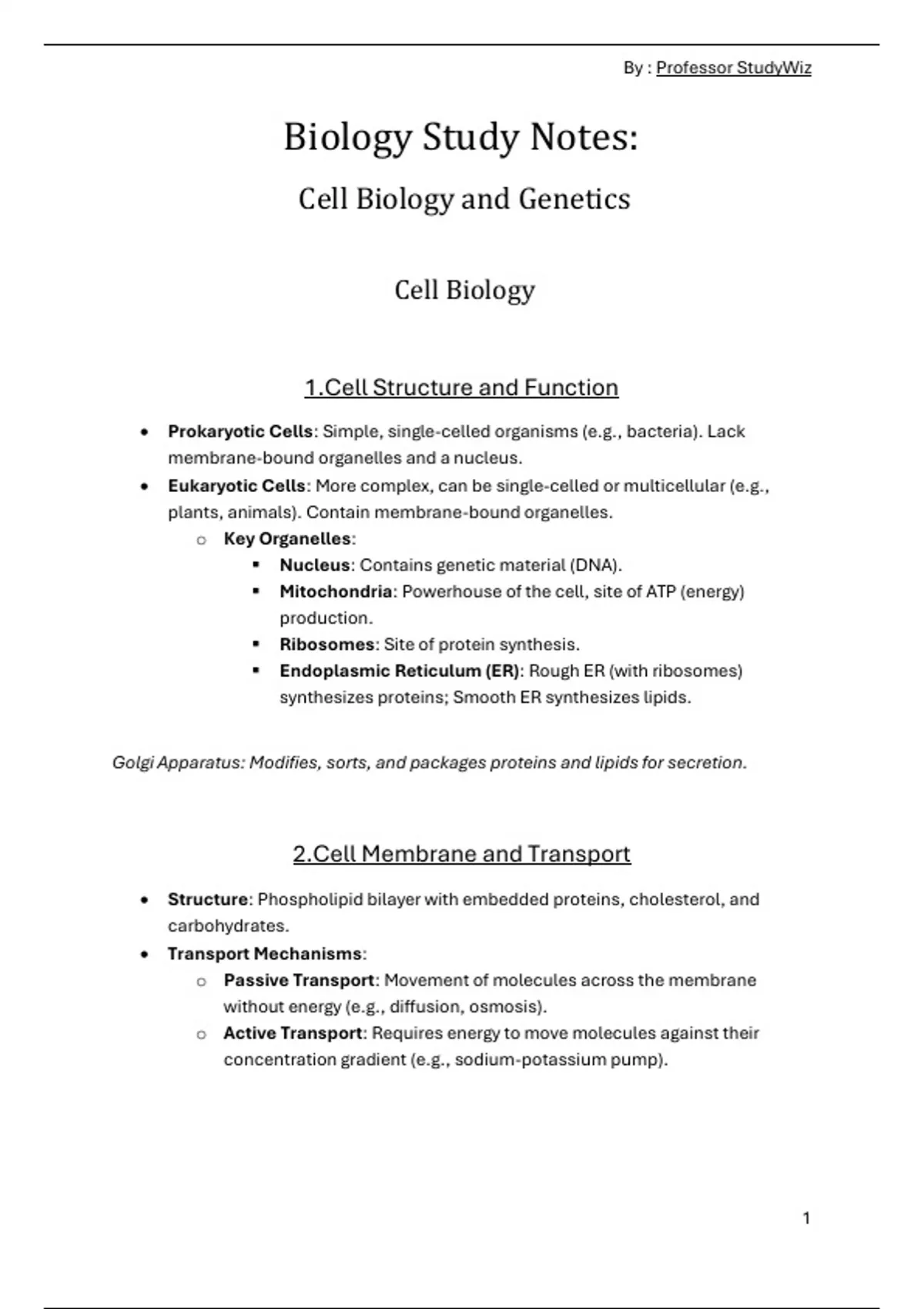 Biology Study Notes: Cell Biology and Genetics - Biology - Stuvia US