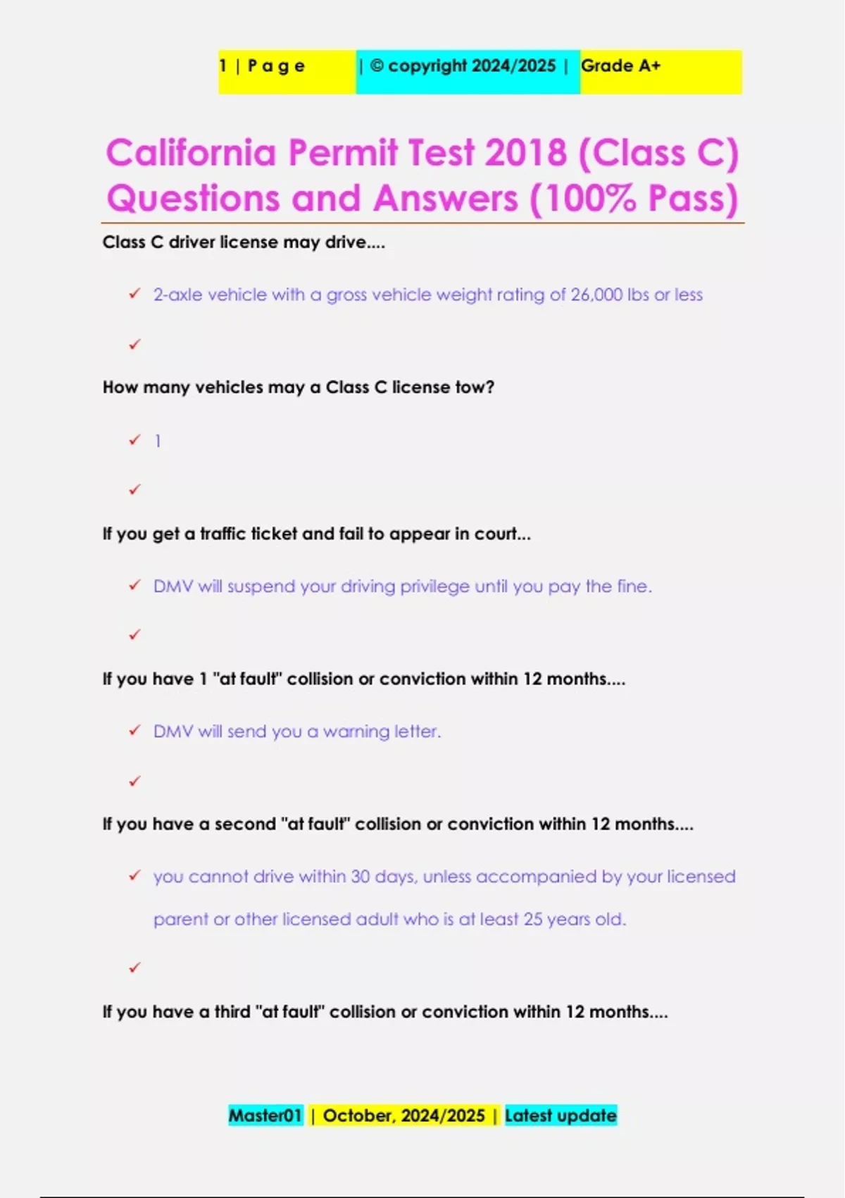 California Permit Test 2018 (Class C) Questions and Answers (100% Pass ...