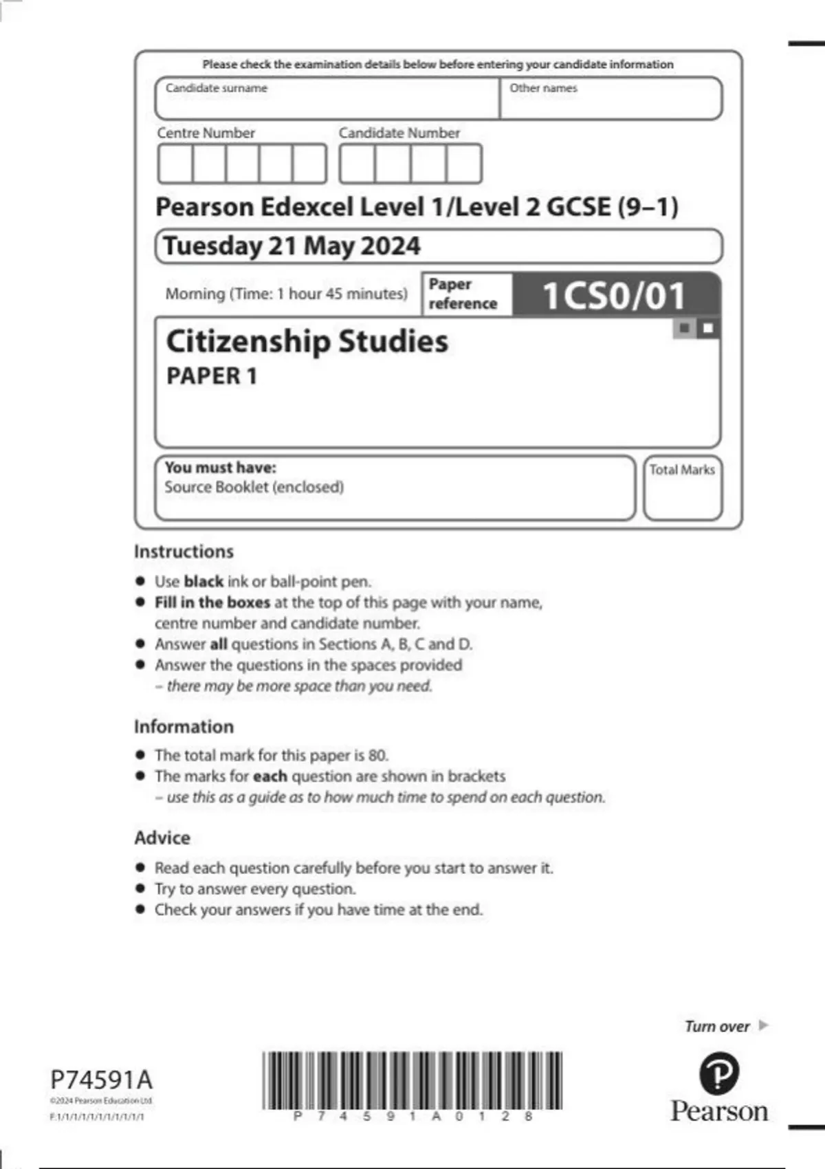 edexcel gcse citizenship studies 1cs0-01 paper 1 may 2024 question ...
