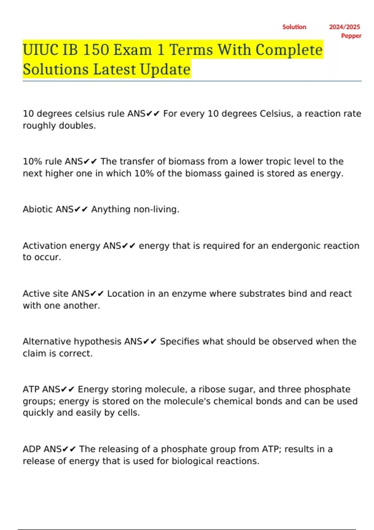 UIUC IB 150 Exam 1 Terms With Complete Solutions Latest Update - IB 150 ...