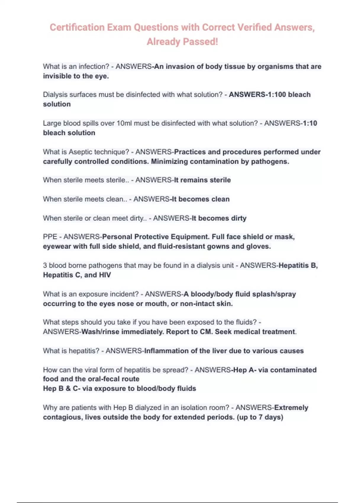 Certification Exam Questions With Correct Verified Answers Already Passed Nursing Assessment