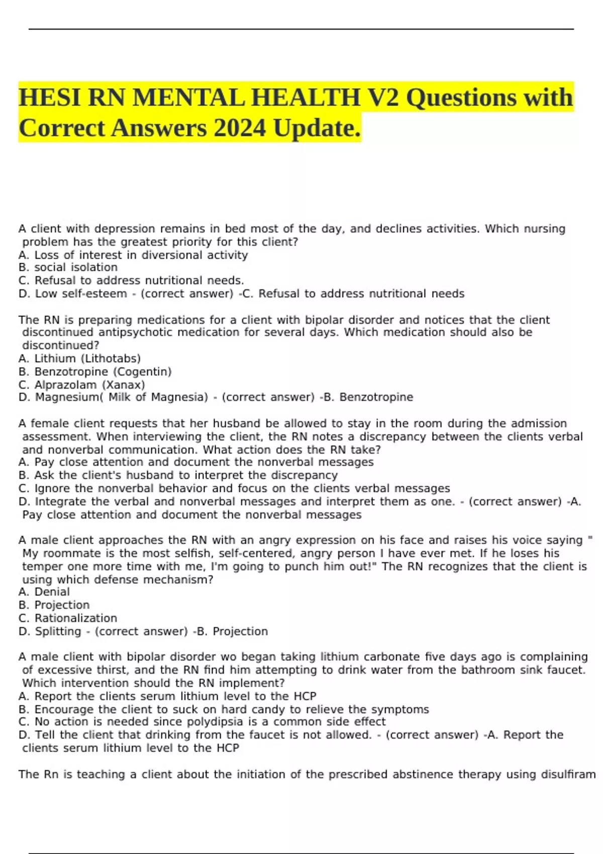 HESI RN MENTAL HEALTH V2 Questions with Correct Answers 2024 Update ...