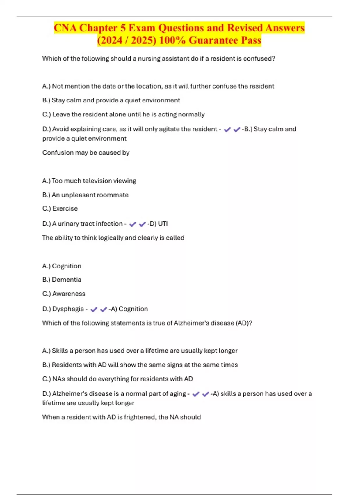 CNA Chapter 5 Exam Questions and Revised Answers (2024 / 2025) 100% ...