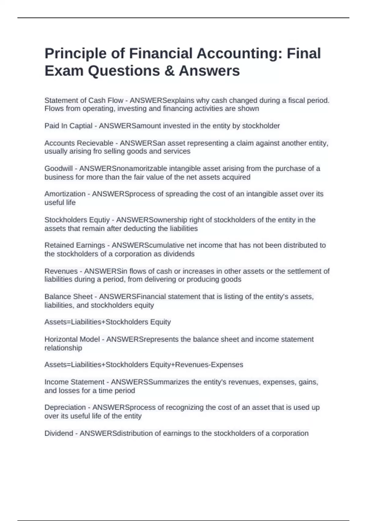 Principle of Financial Accounting: Final Exam Questions & Answers ...