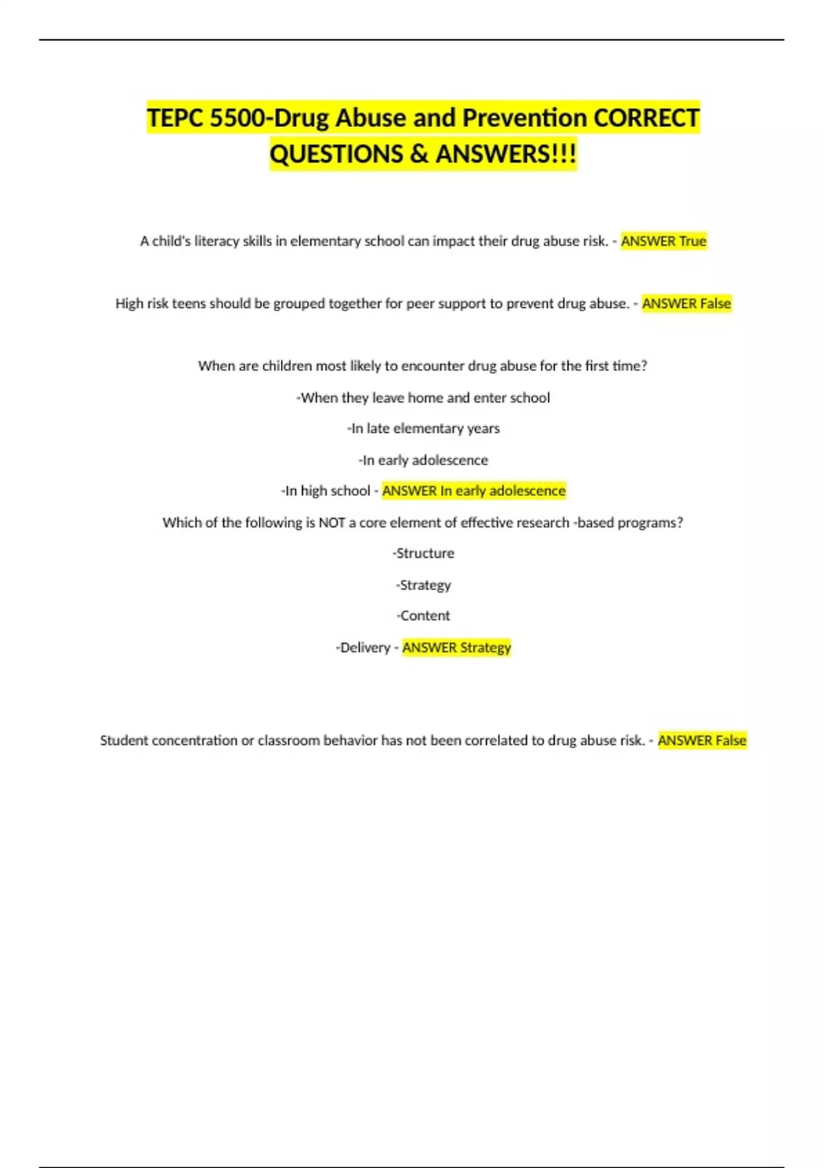 TEPC 5500-Drug Abuse and Prevention CORRECT QUESTIONS & ANSWERS!!! - TEPC 5500 - Stuvia US