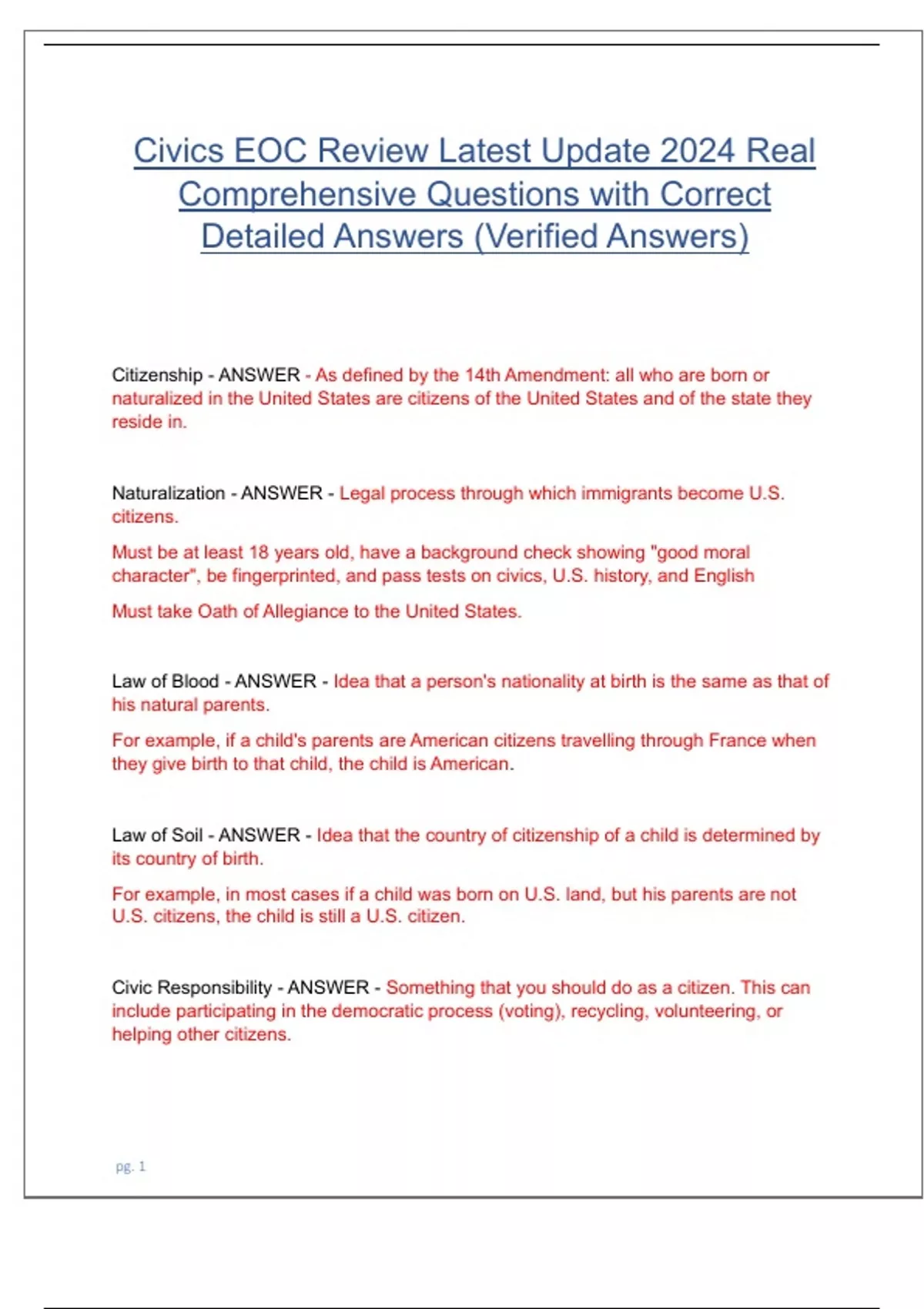 Civics EOC Review Latest Update 2024 Real Comprehensive Questions with ...