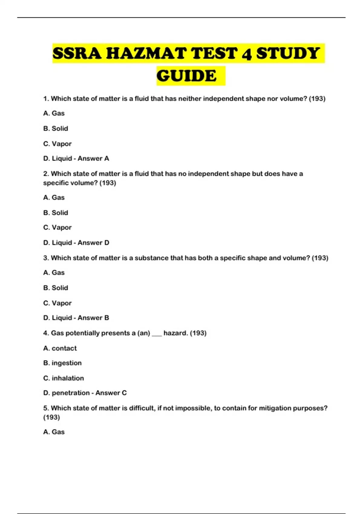 SSRA HAZMAT TEST 4 STUDY GUIDE - SSRA HAZMAT - Stuvia US