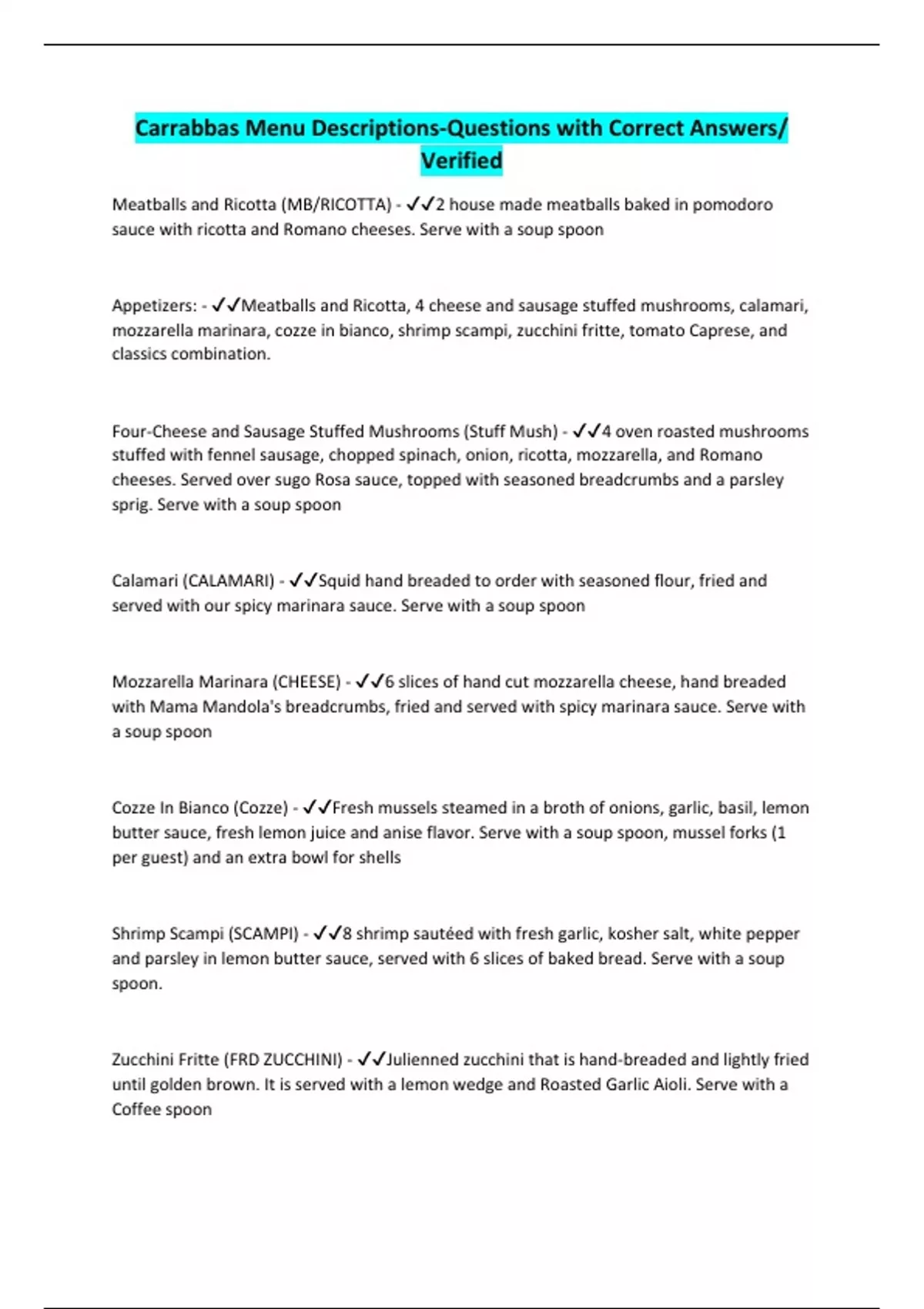 Carrabbas Menu Descriptions-Questions with Correct Answers/ Verified ...