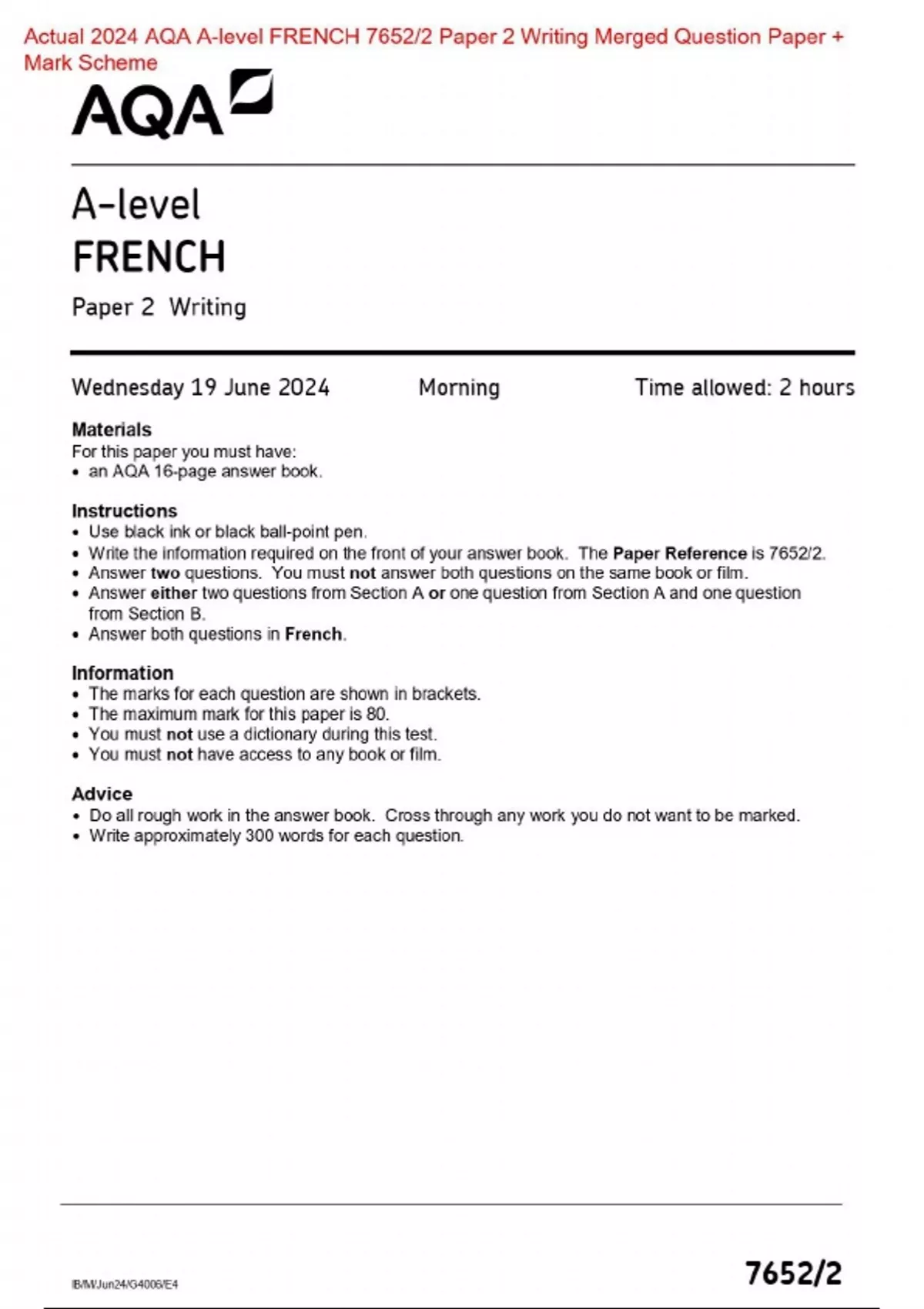 Actual 2024 AQA A-level FRENCH 7652/2 Paper 2 Writing Merged Question ...