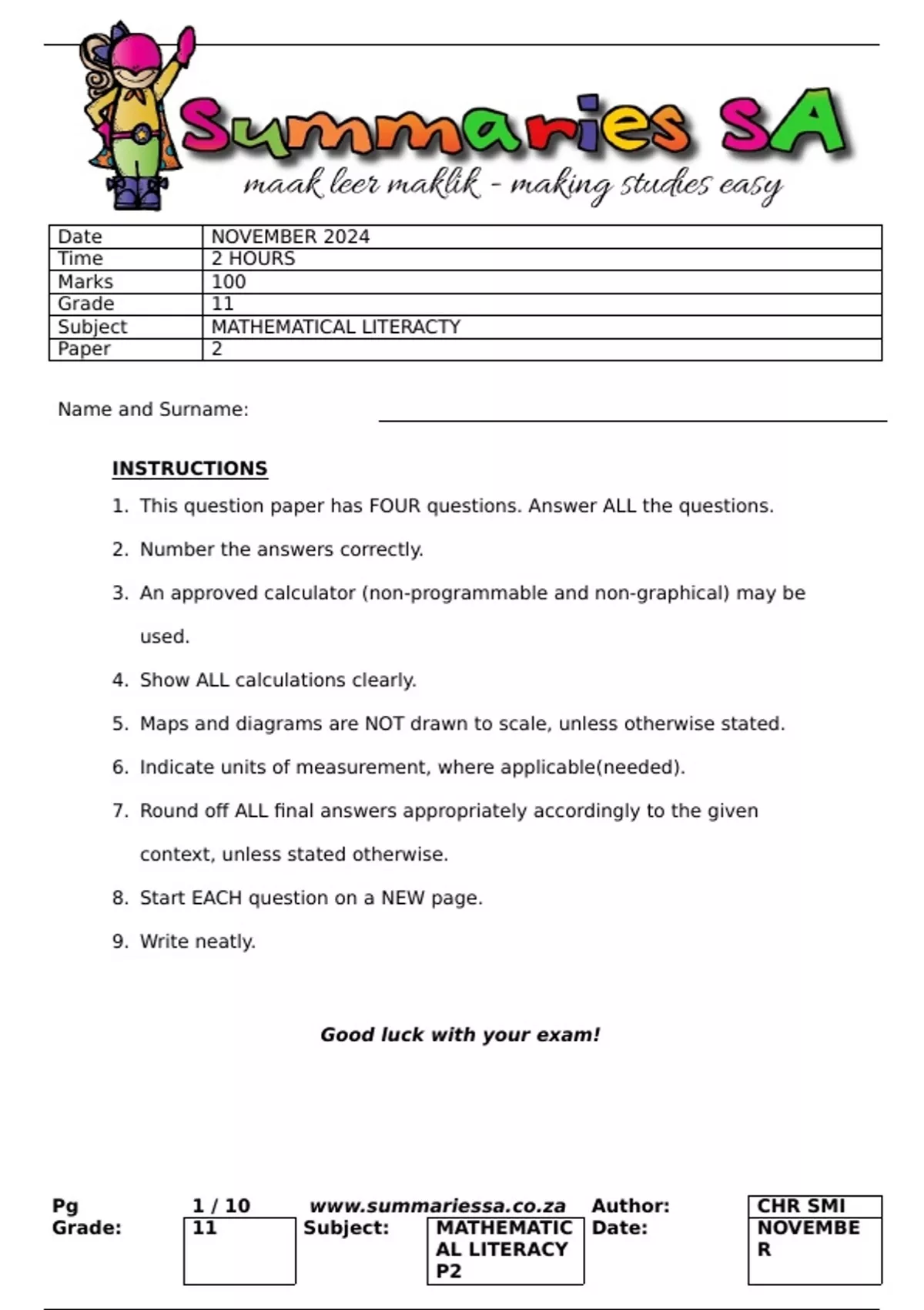 Grade 11 Mathematical Literacy (MATH LIT) November Paper 2 and Memo ...