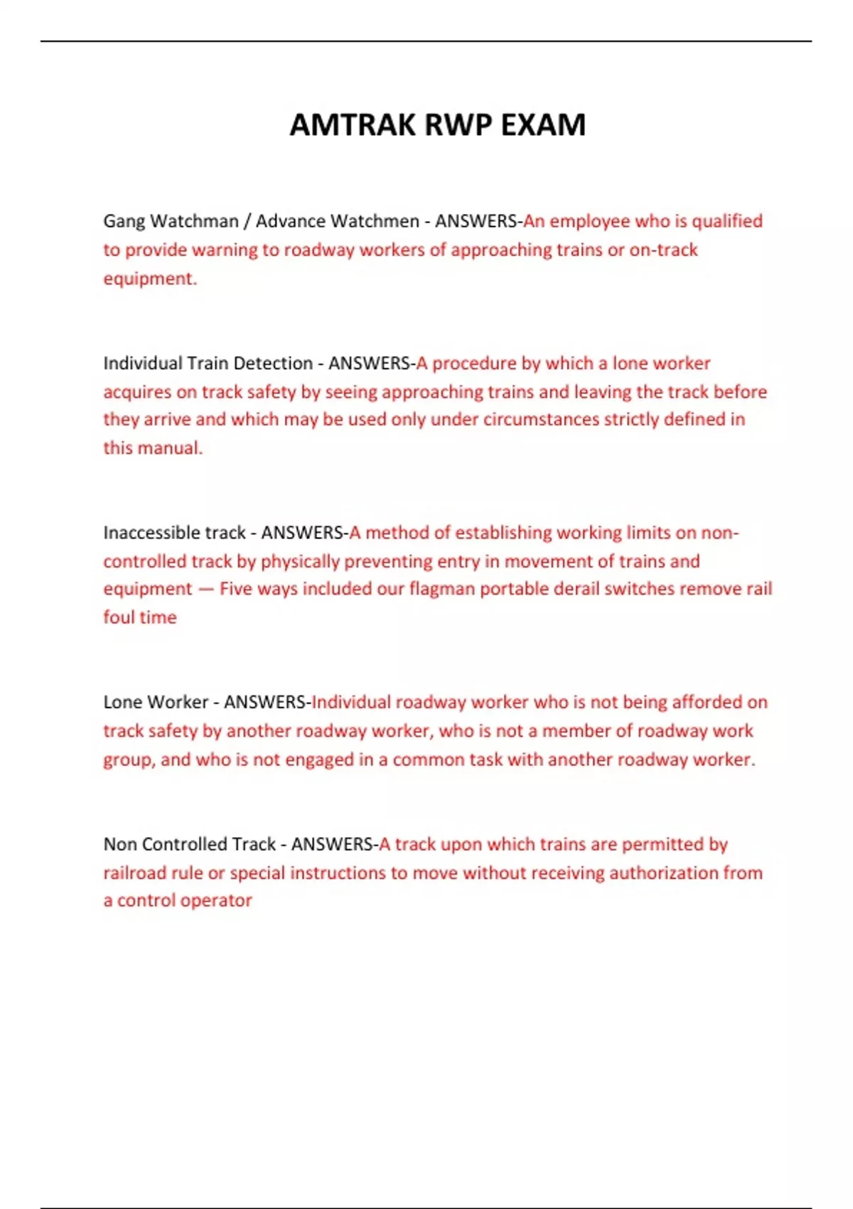 AMTRAK RWP EXAM QUESTIONS AND ANSWERS 2024 - AMTRAK RWP - Stuvia US