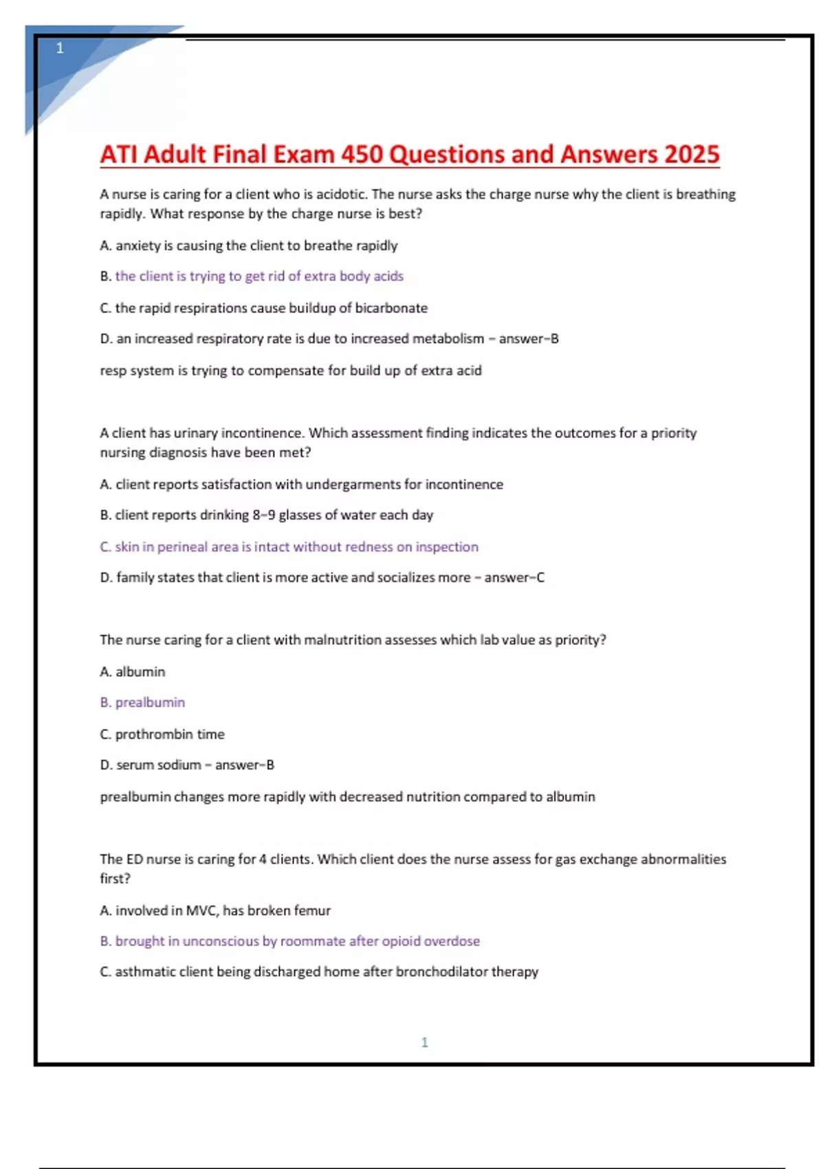 ATI Adult Final Exam 450 Questions and Answers 2025 - ATI Adult - Stuvia US