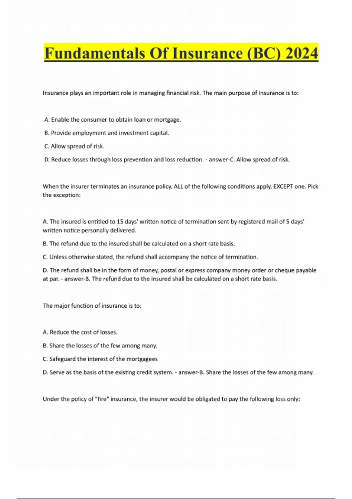 Fundamentals Of Insurance (BC) 2024 - Fundamentals Of Insurance - Stuvia US