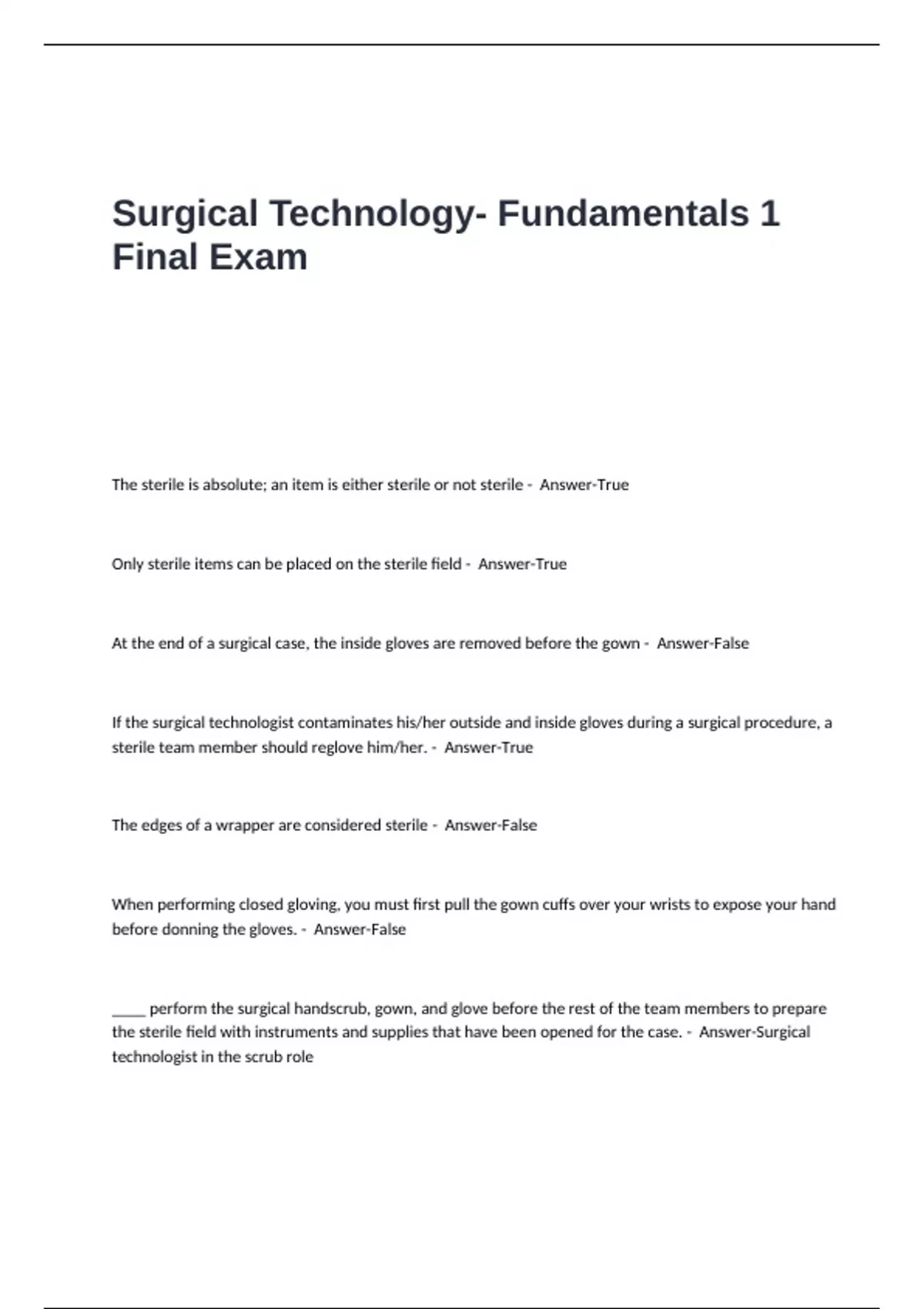 Surgical Technology- Fundamentals 1 Final Exam Questions and Answers ...