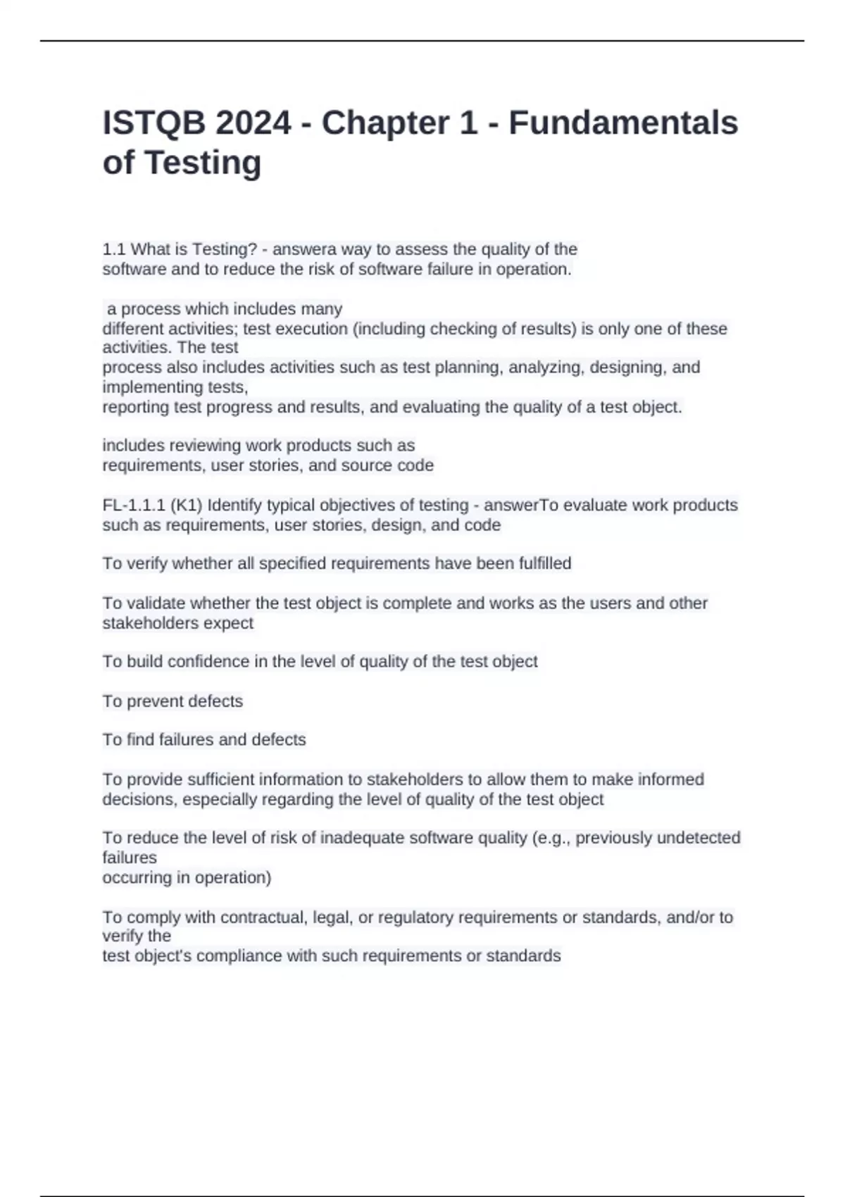 Istqb 2024 Chapter 1 Fundamentals Of Testing Questions And Answers 100 Accurate Istqb
