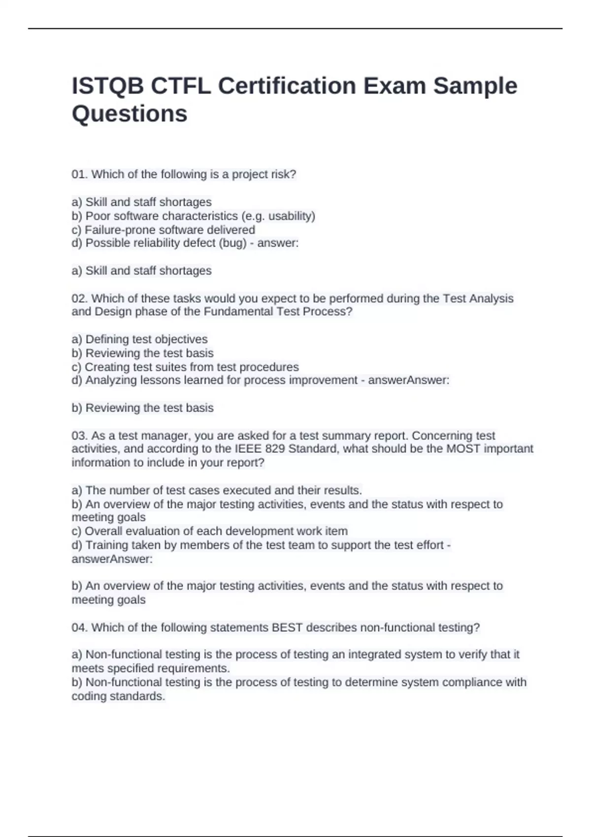 Istqb Ctfl Certification Exam Sample Questions And Answers 2024 Istqb Stuvia Us