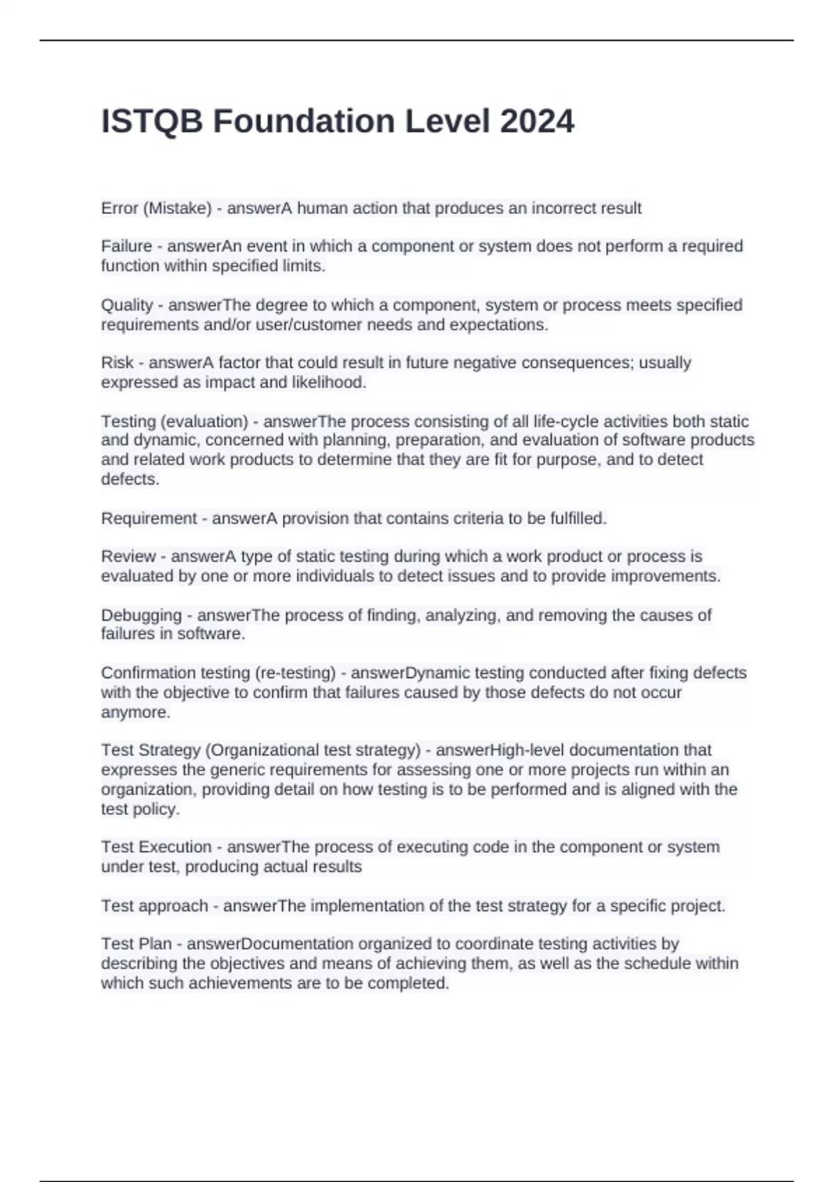 ISTQB Foundation Level 2024 Questions and Answers Correct - ISTQB ...