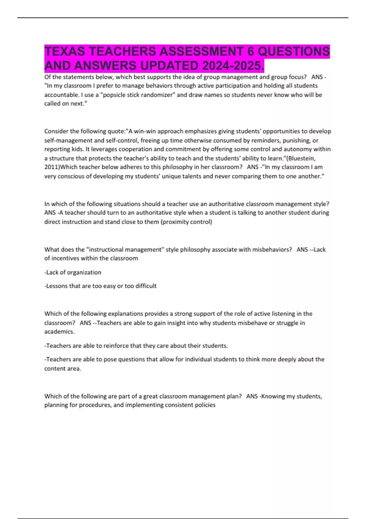 Texas Teachers Assessment 6 questions and answers updated . - Texas ...