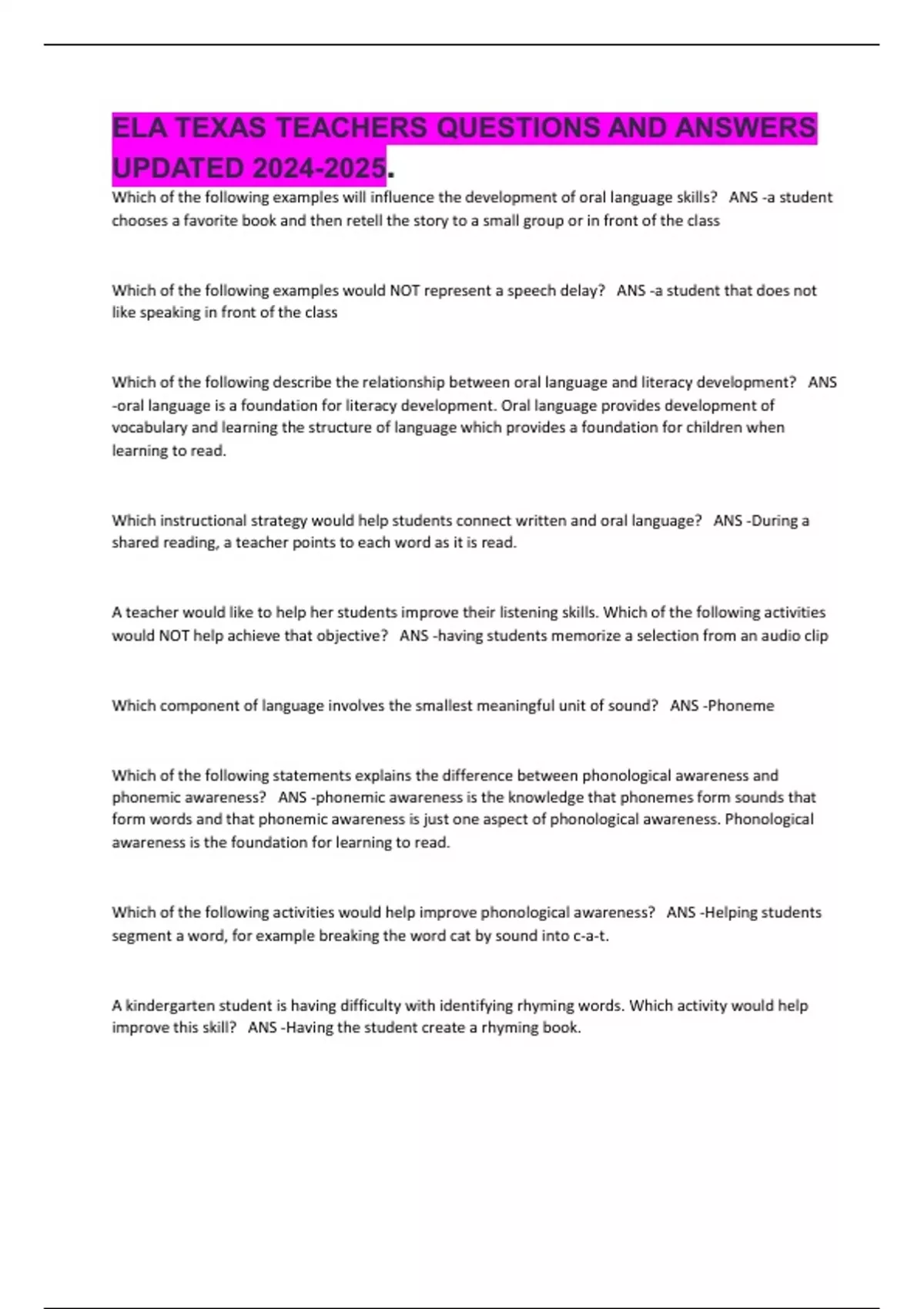 ELA Texas Teachers questions and answers updated - Texas teachers ...