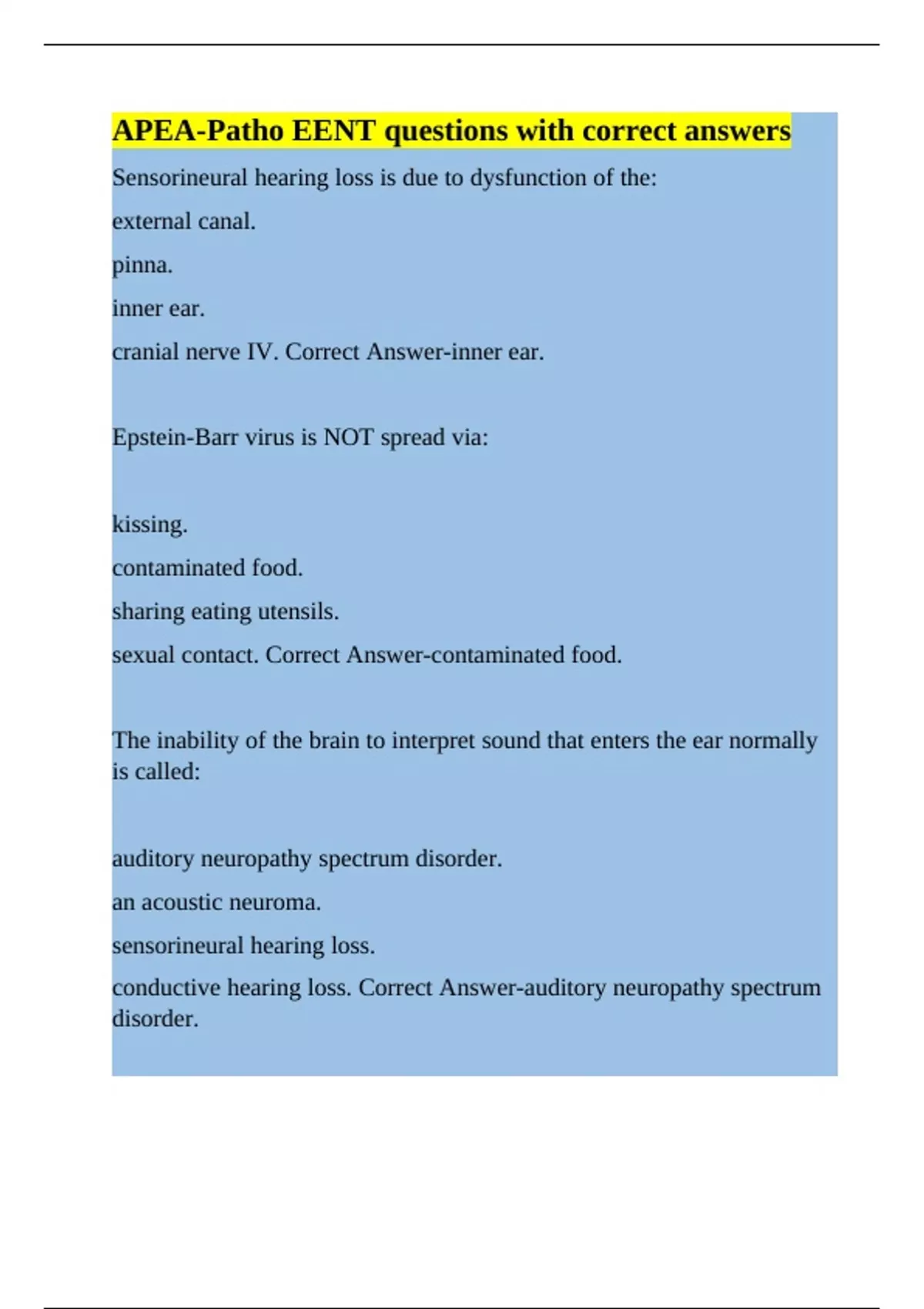 APEA-Patho EENT questions with correct answers - Apea - Stuvia US
