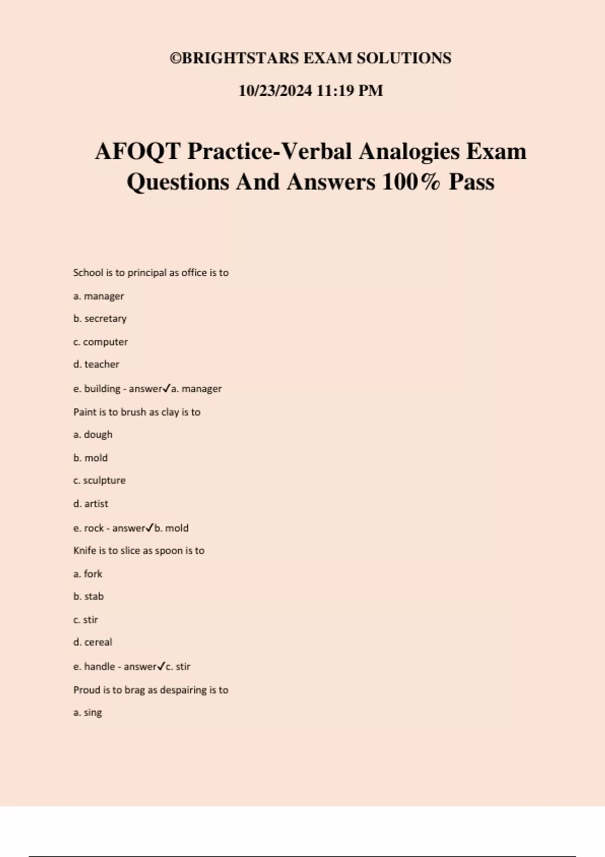 AFOQT Practice-Verbal Analogies Exam Questions And Answers 100% Pass ...