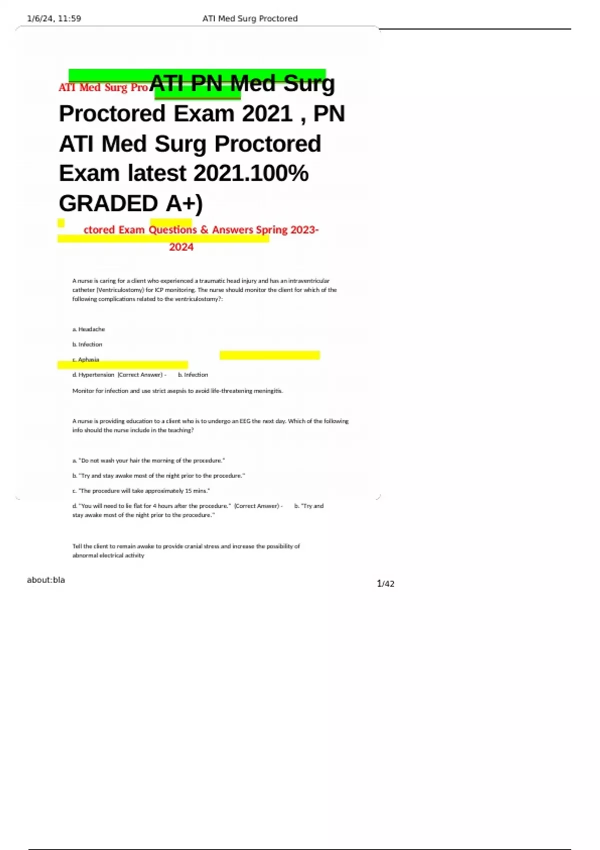 ProATI PN Med Surg Proctored Exam 2021 , PN ATI Med Surg Proctored Exam ...