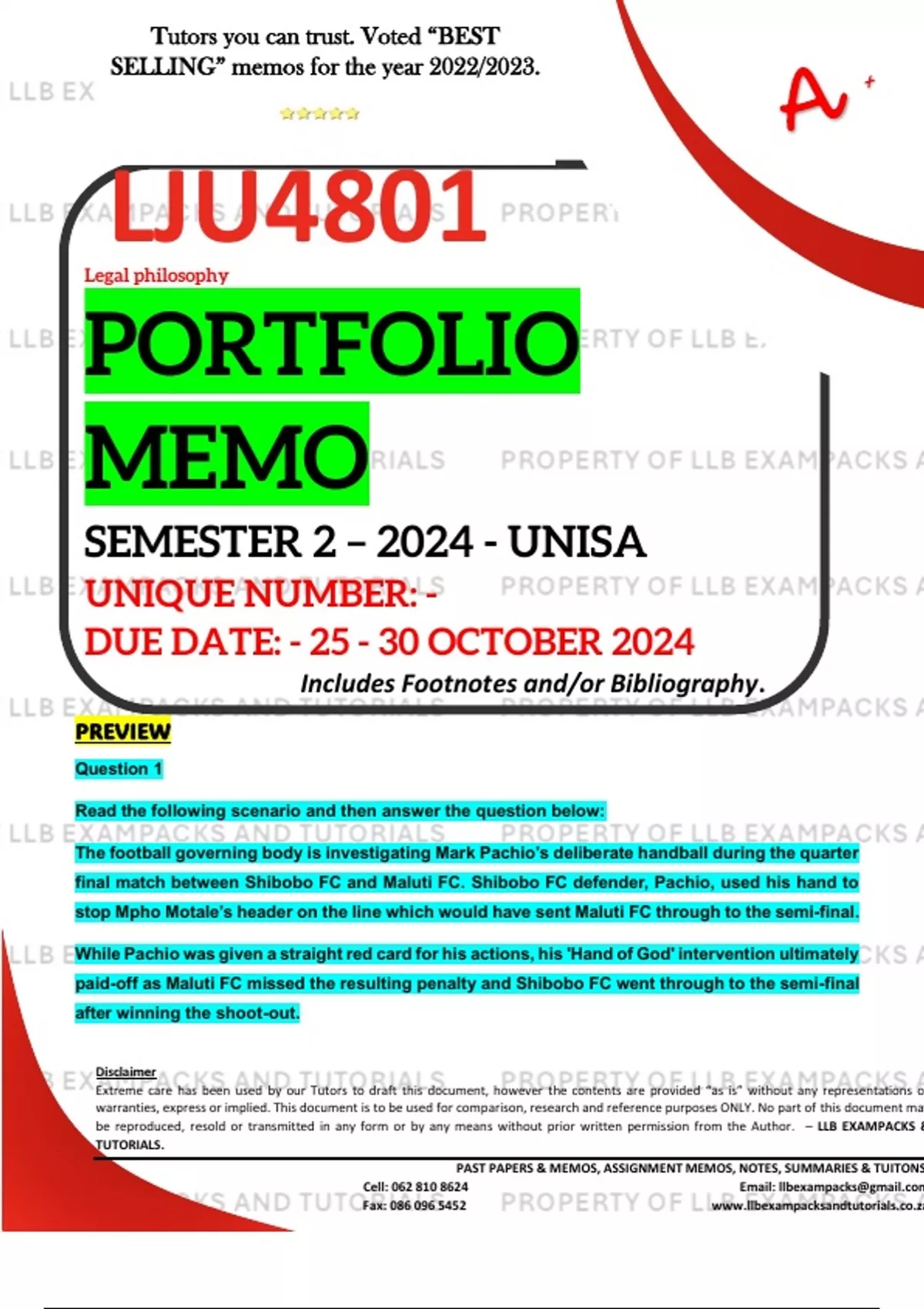 LJU4801 PORTFOLIO MEMO - OCT./NOV. 2024 - SEMESTER 2 - UNISA - DUE DATE ...