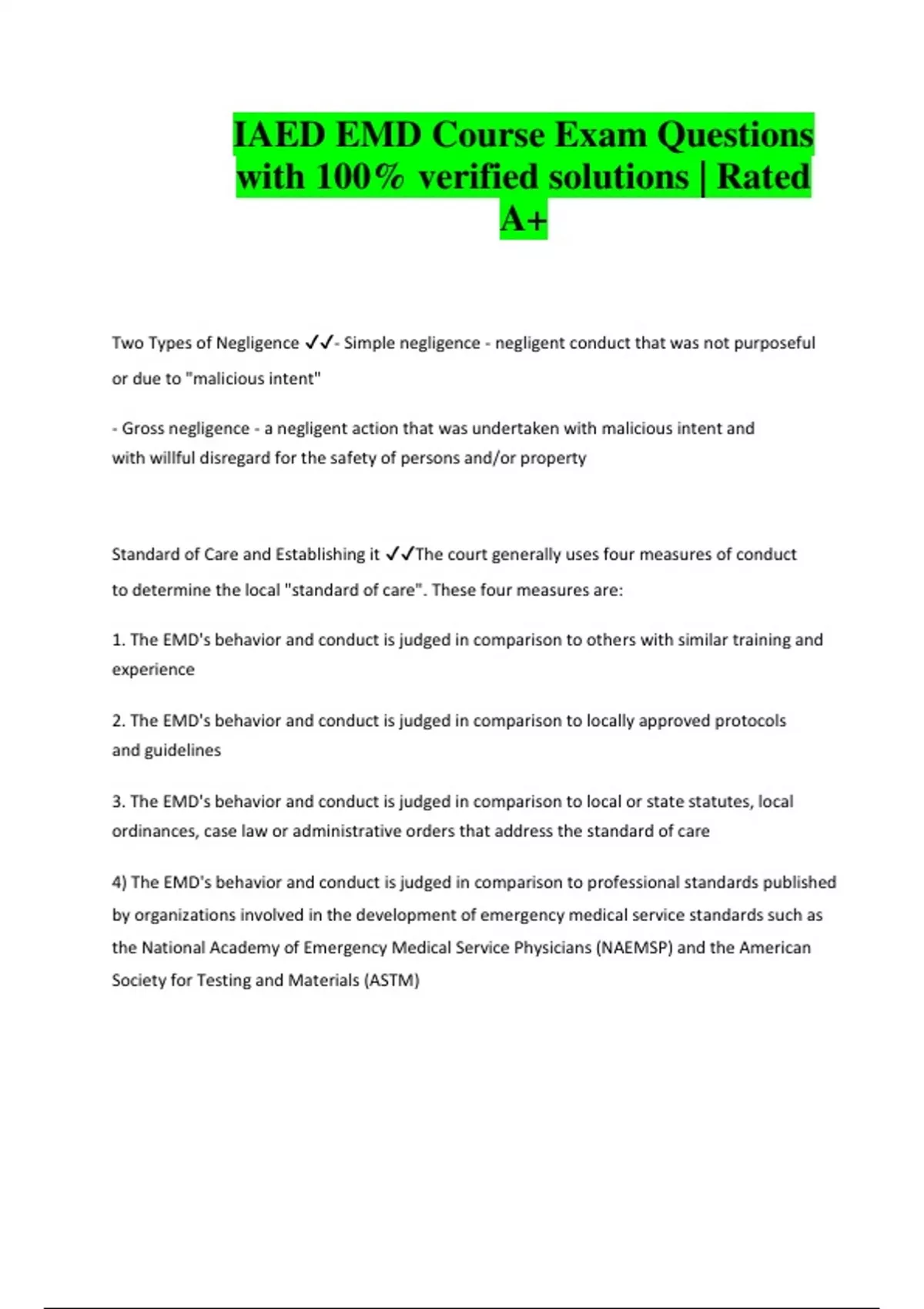 IAED EMD Course Exam Questions with 100% verified solutions | Rated A+ - IAED - Stuvia US