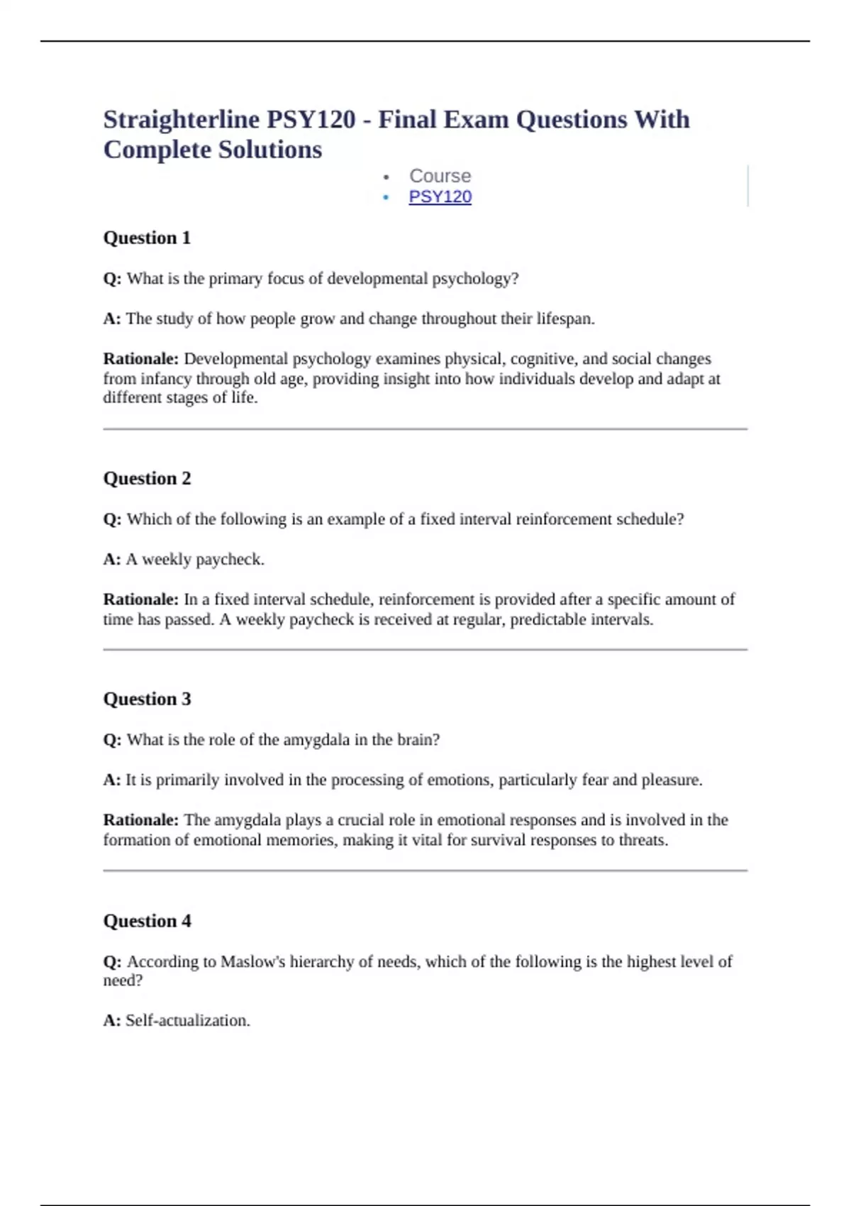 Straighterline PSY120 - Final Exam Questions With Complete Solutions ...