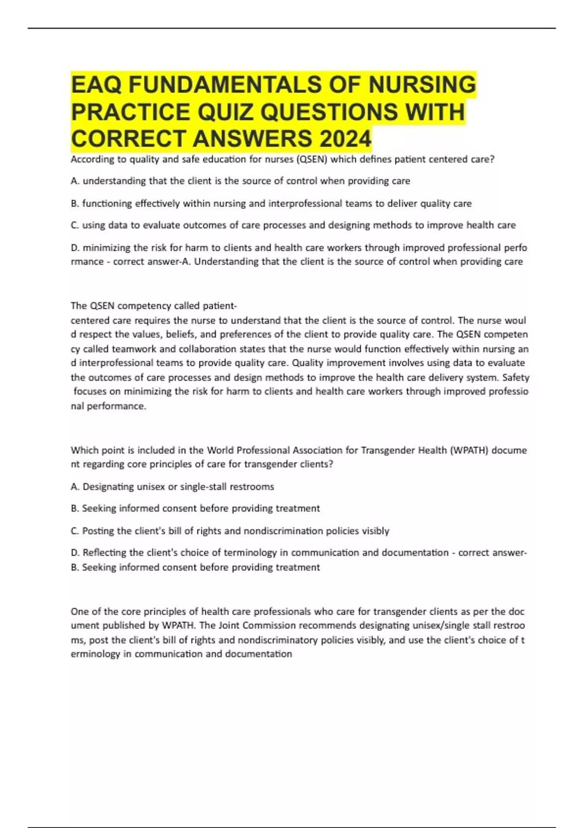 EAQ FUNDAMENTALS OF NURSING PRACTICE QUIZ QUESTIONS WITH CORRECT ...