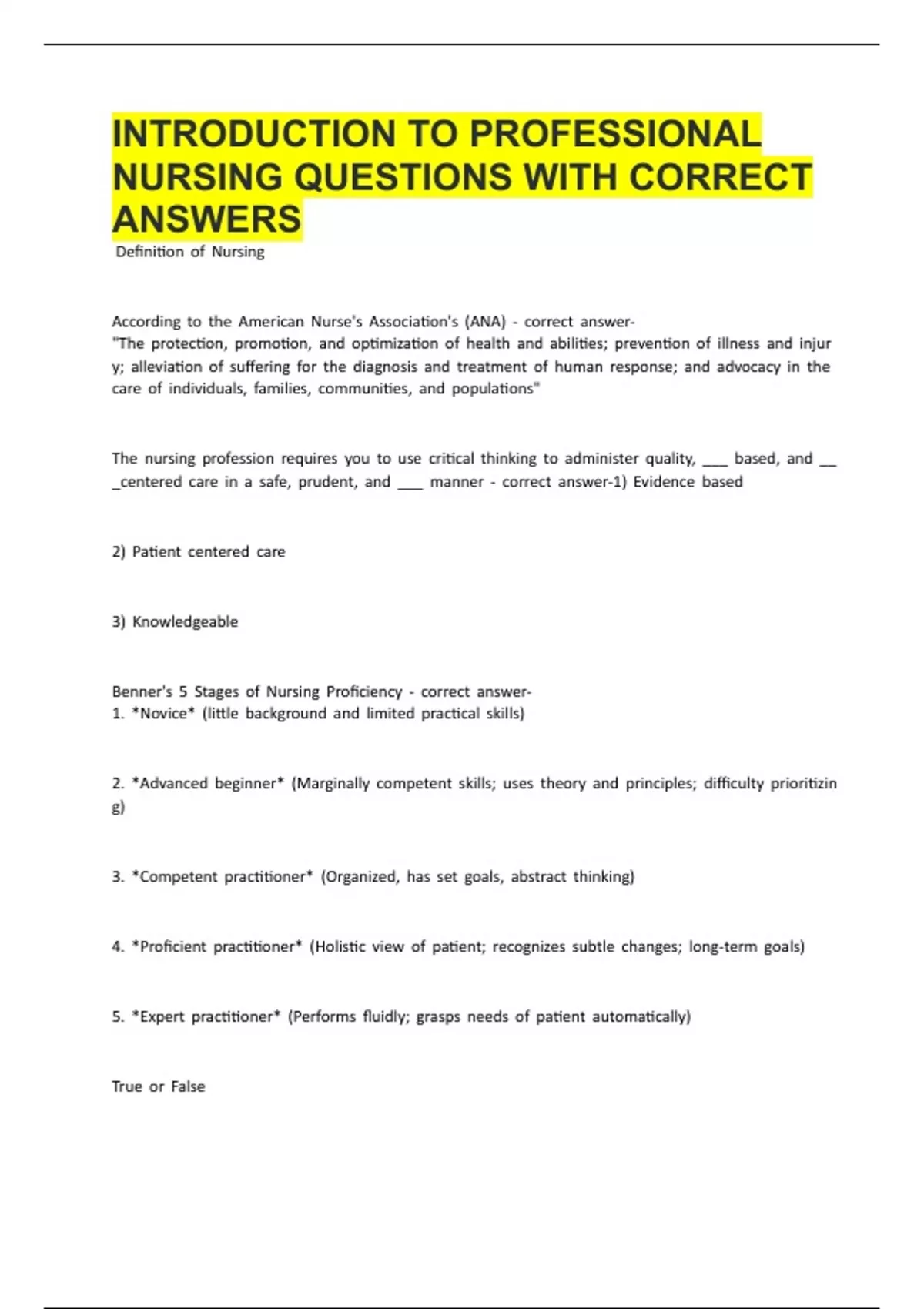 INTRODUCTION TO PROFESSIONAL NURSING QUESTIONS WITH CORRECT ANSWERS ...