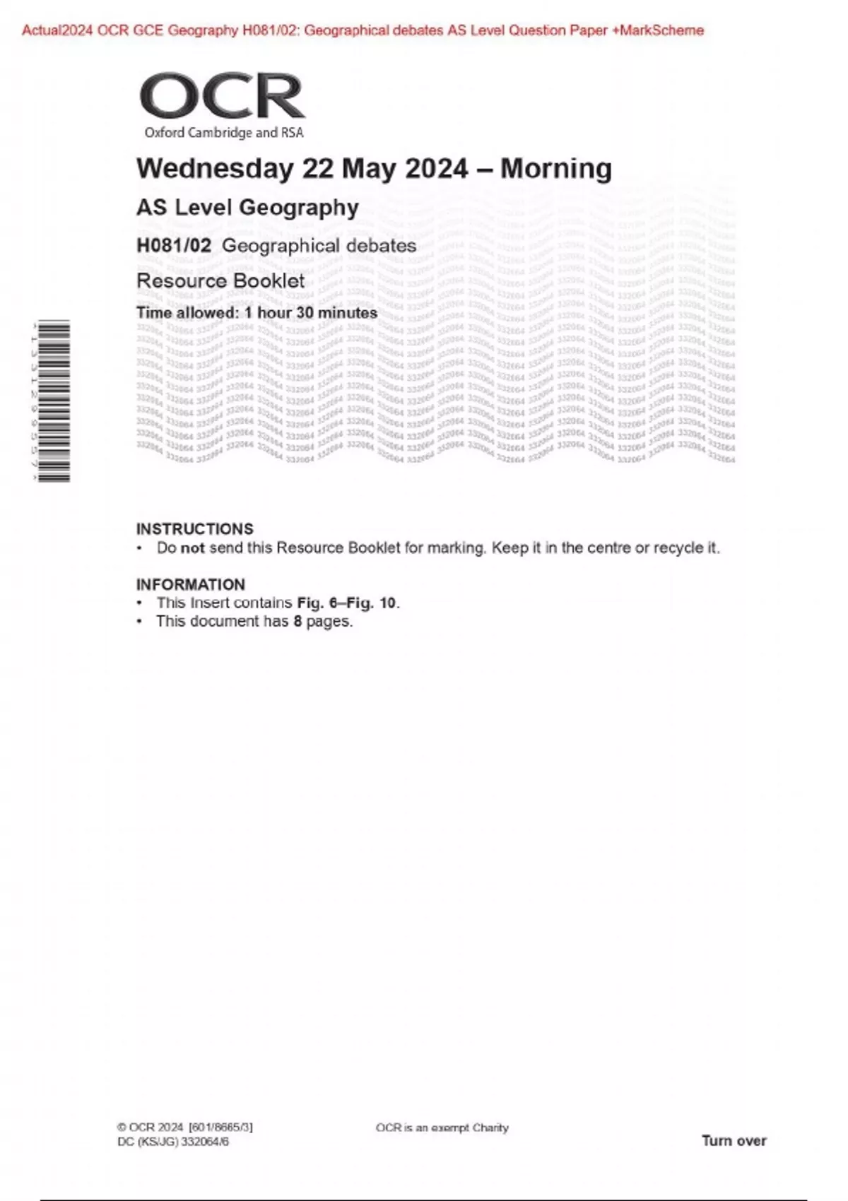 Actual 2024 OCR GCE Geography H081/02: Geographical debates AS Level ...