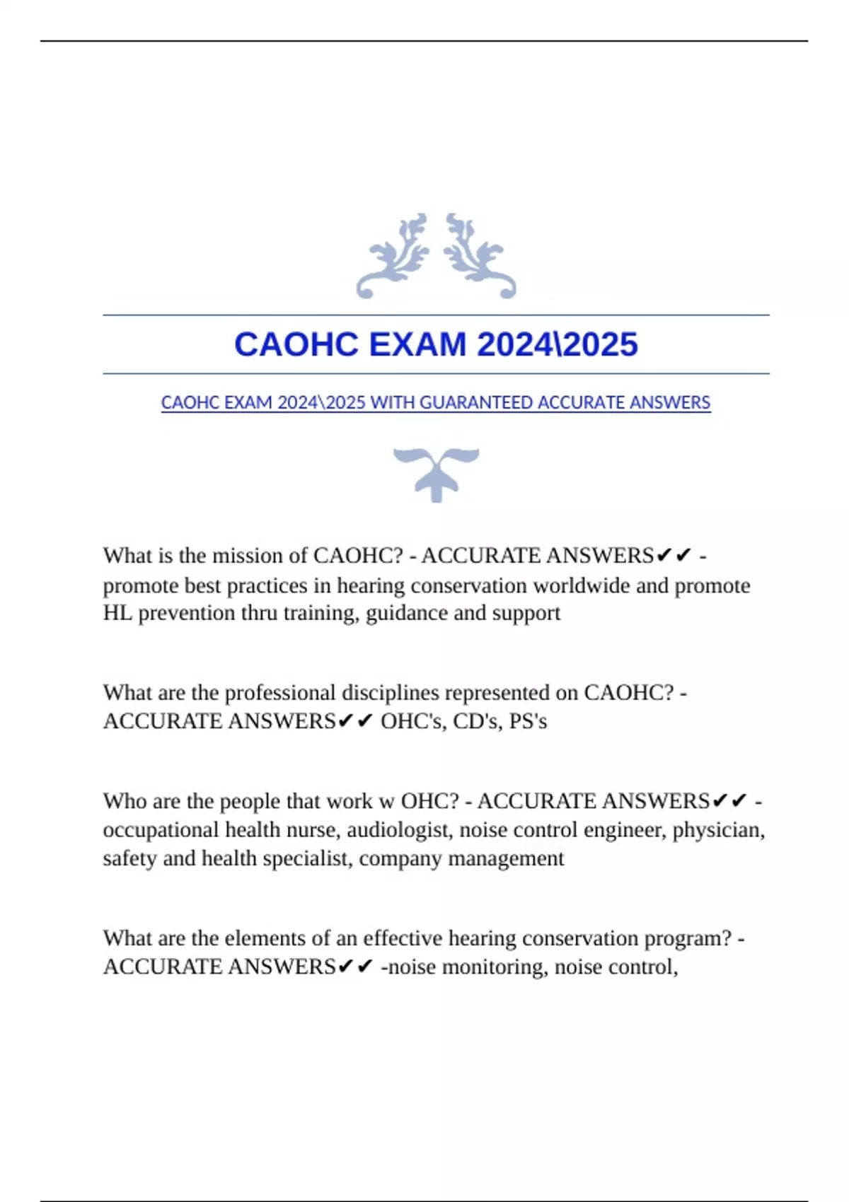 CAOHC EXAM WITH GUARANTEED ACCURATE ANSWERS - CAOHC - Stuvia US