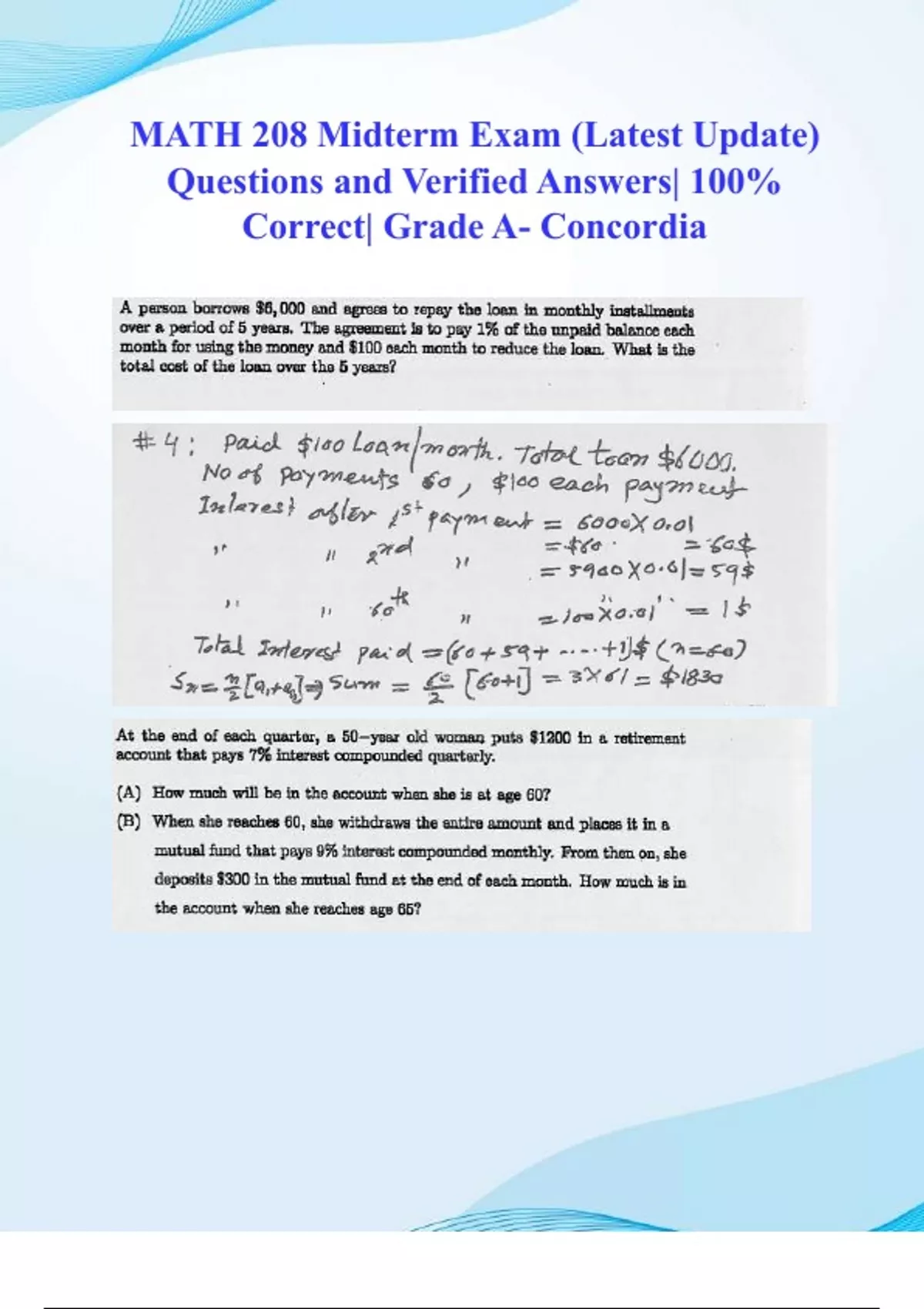 MATH 208 Midterm Exams (Latest 2024/ 2025 Updates STUDY BUNDLE PACKAGE ...