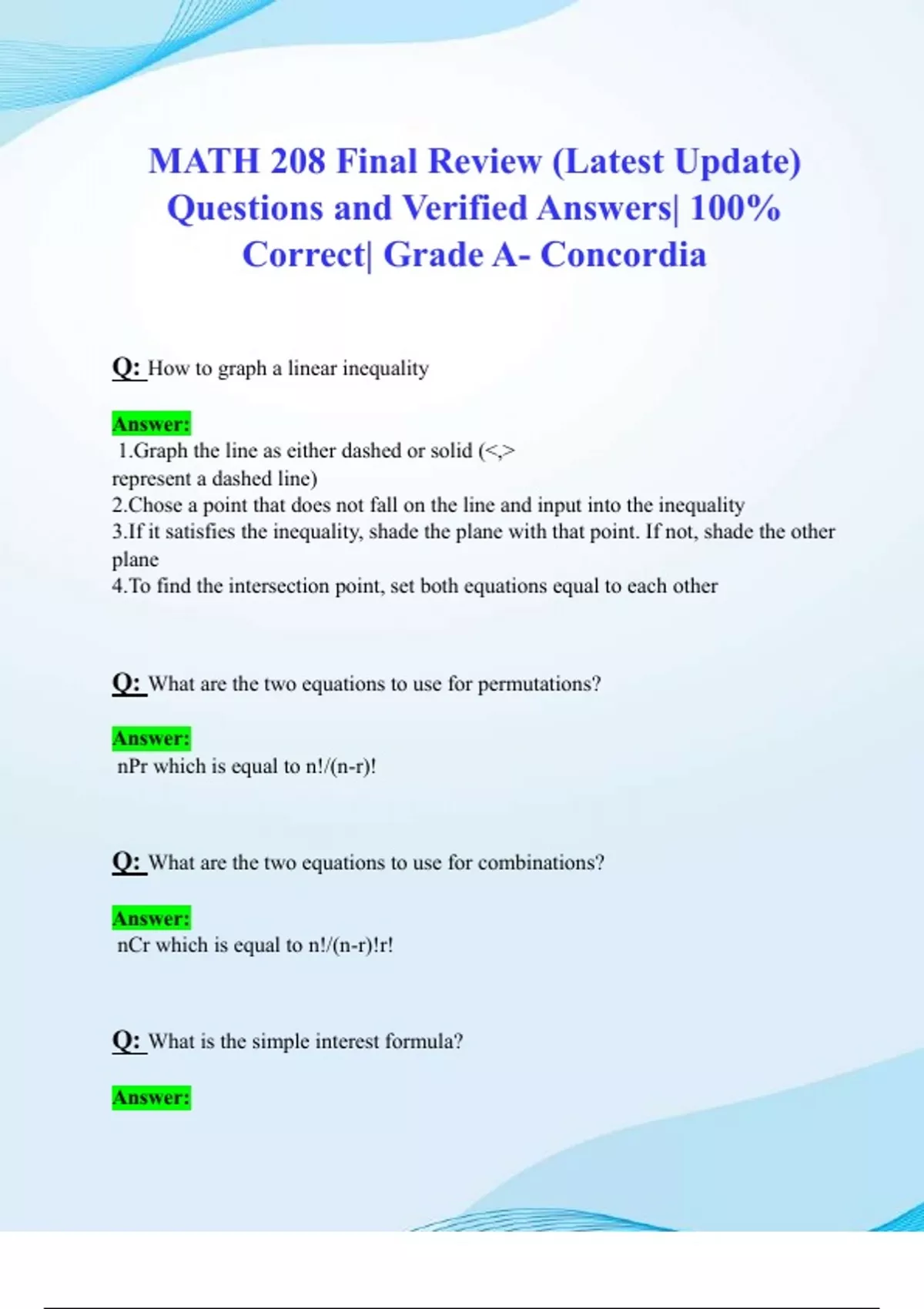 MATH 208 Final Review (Latest 2024/ 2025 Update) Questions and Verified ...