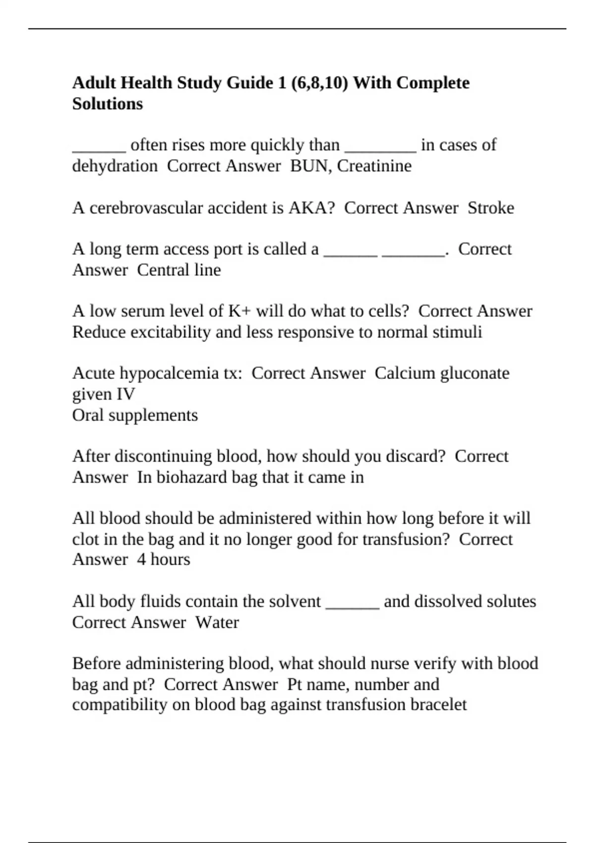 Adult Health Study Guide 1 (6,8,10) With Complete Solutions - Adult ...