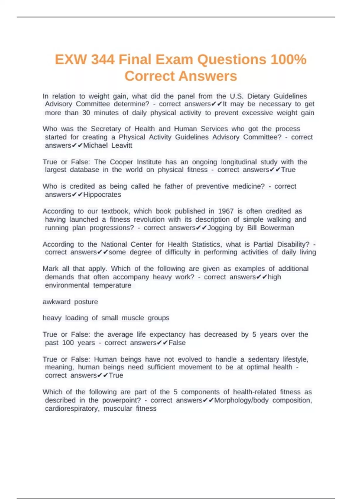 EXW 344 Final Exam Questions 100% Correct Answers - EXW 344 - Stuvia US