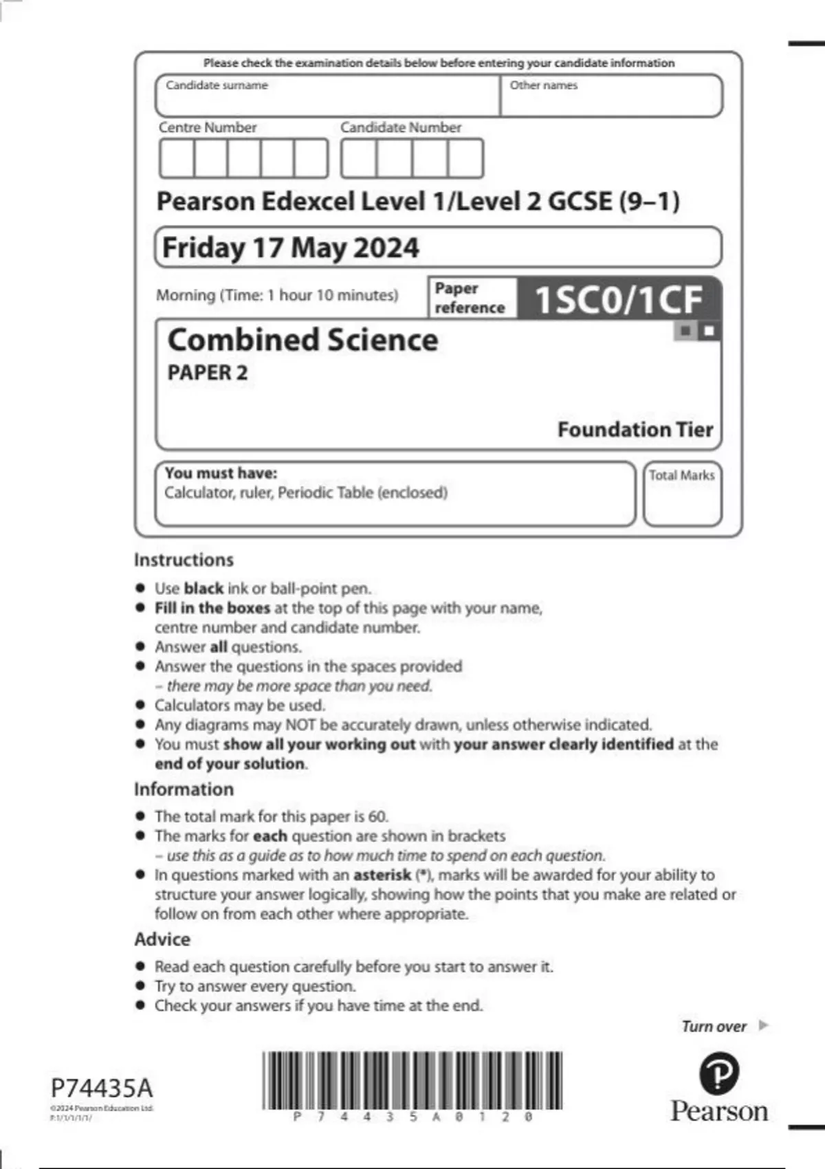 EDEXCEL GCSE combined science 1sc0-1cf paper 2: chemistry 1 foundation ...