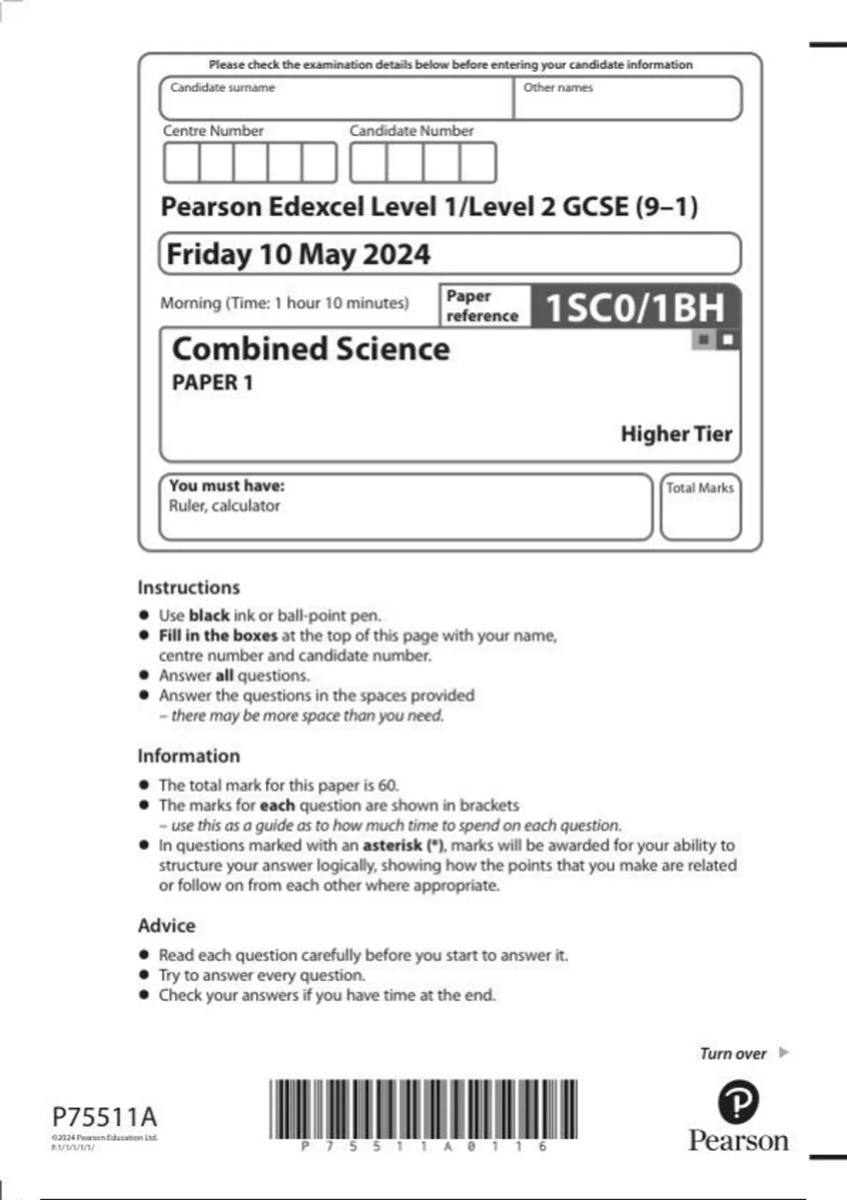 EDEXCEL GCSE combined science 1sc0-1bh paper 1: biology 1 higher tier ...