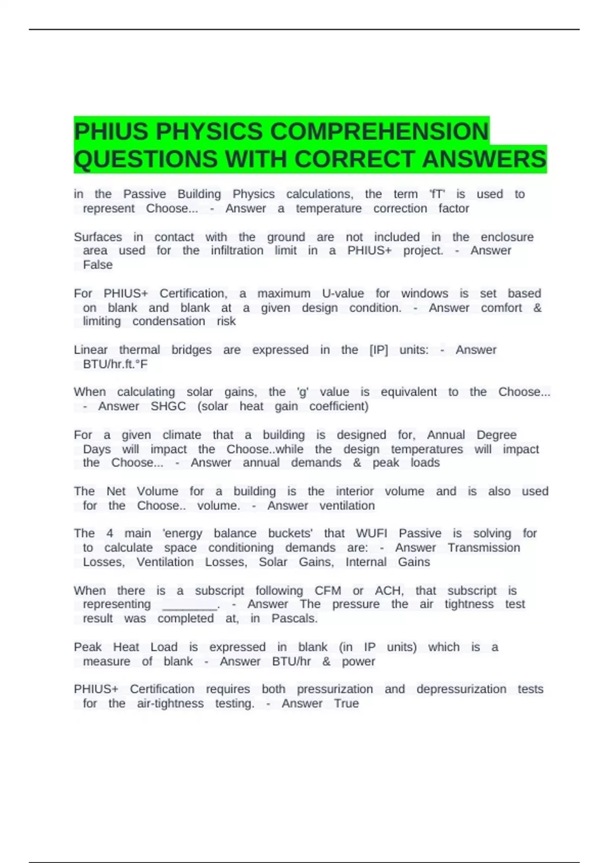 PHIUS PHYSICS COMPREHENSION QUESTIONS WITH CORRECT ANSWERS. - PHIUS ...