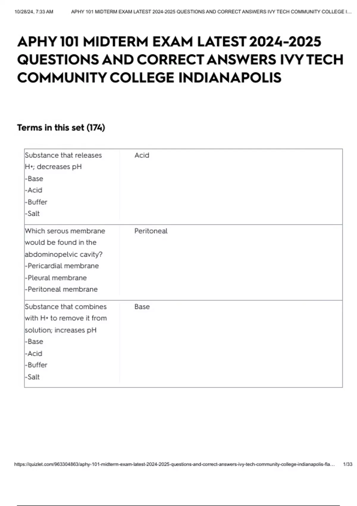 APHY 101 MIDTERM EXAM LATEST QUESTIONS AND CORRECT ANSWERS IVY TECH ...