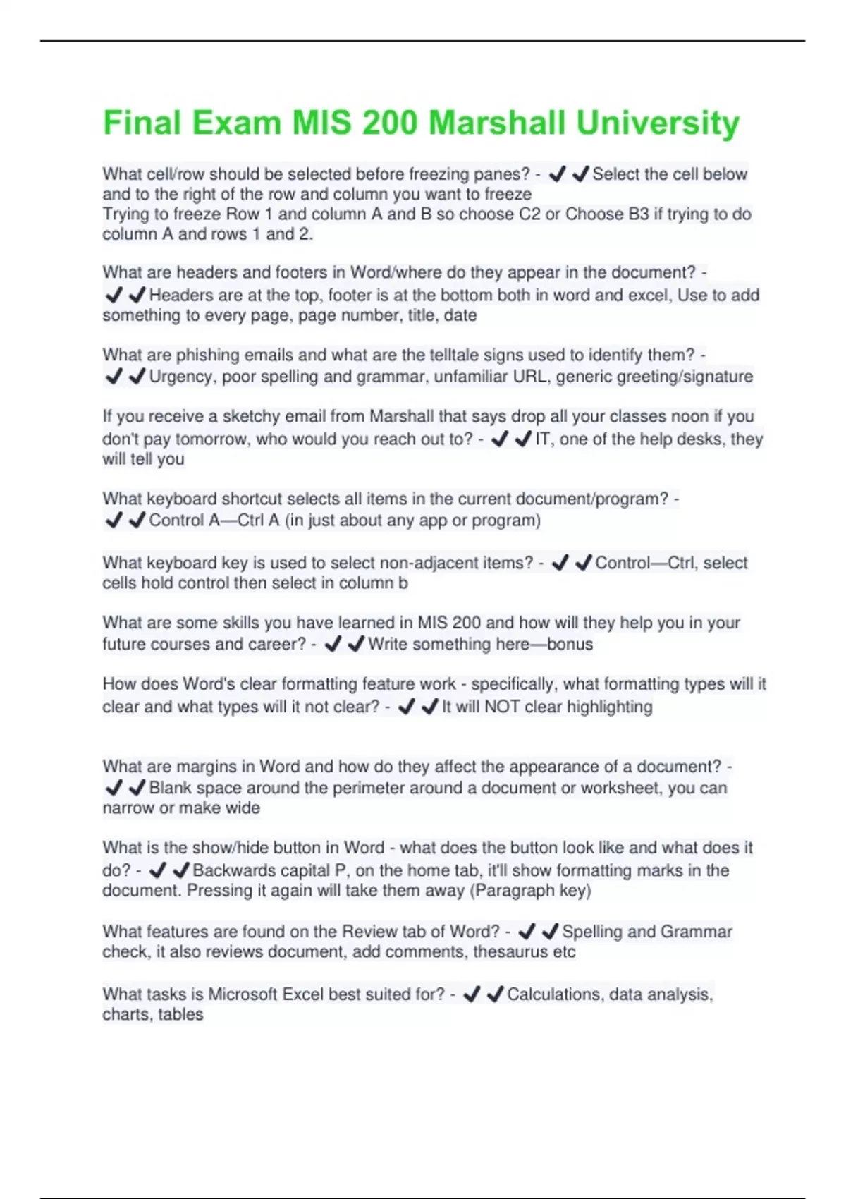 Final Exam MIS 200 Marshall University (Questions and answers) LATEST ...