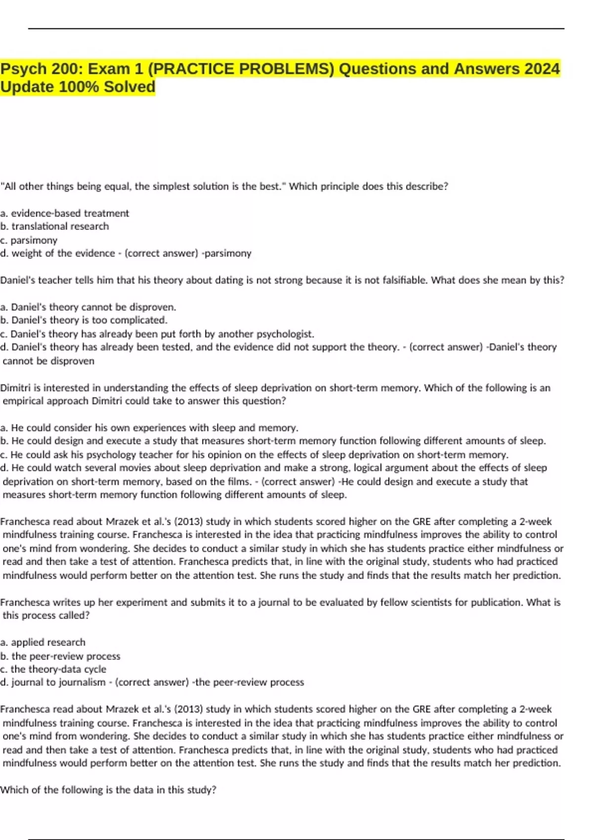 Psych 200 Exam 1 (PRACTICE PROBLEMS) Questions and Answers 2024 Update ...